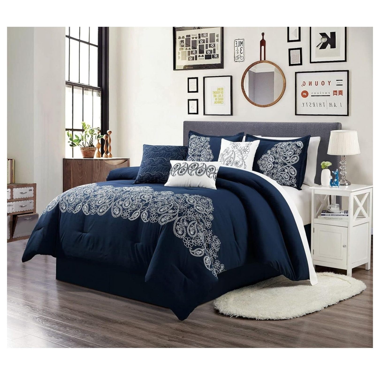 Linz 7-Piece Navy/White Paisley Floral Scroll Embroidered Comforter Set ...