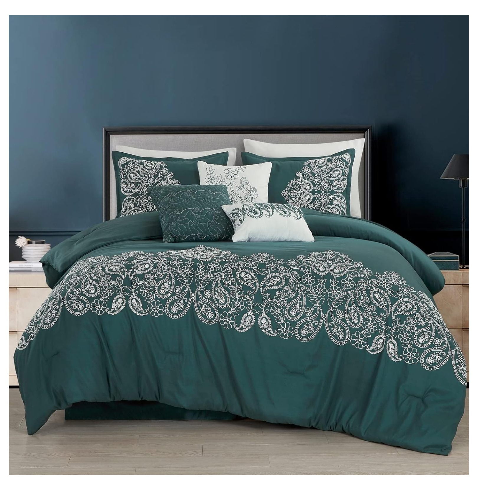 Linz 7-Piece Teal/White Paisley Floral Scroll Embroidered Comforter Set ...