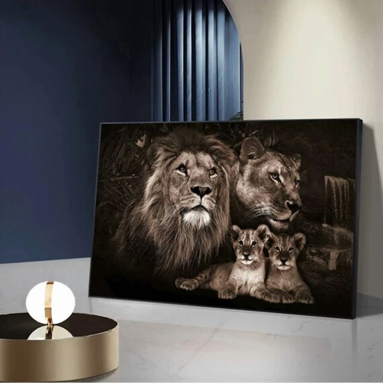 Lion And Lioness Cubs Portrait Family Wall Art Painting Picture Prints ...