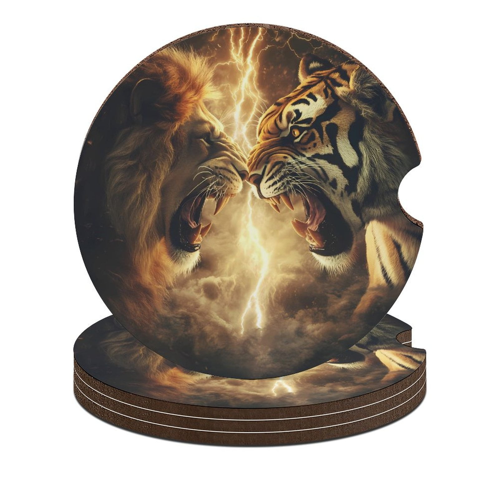 Lion And Tiger Howling Lightning Car Coasters for Drinks with A Finger ...