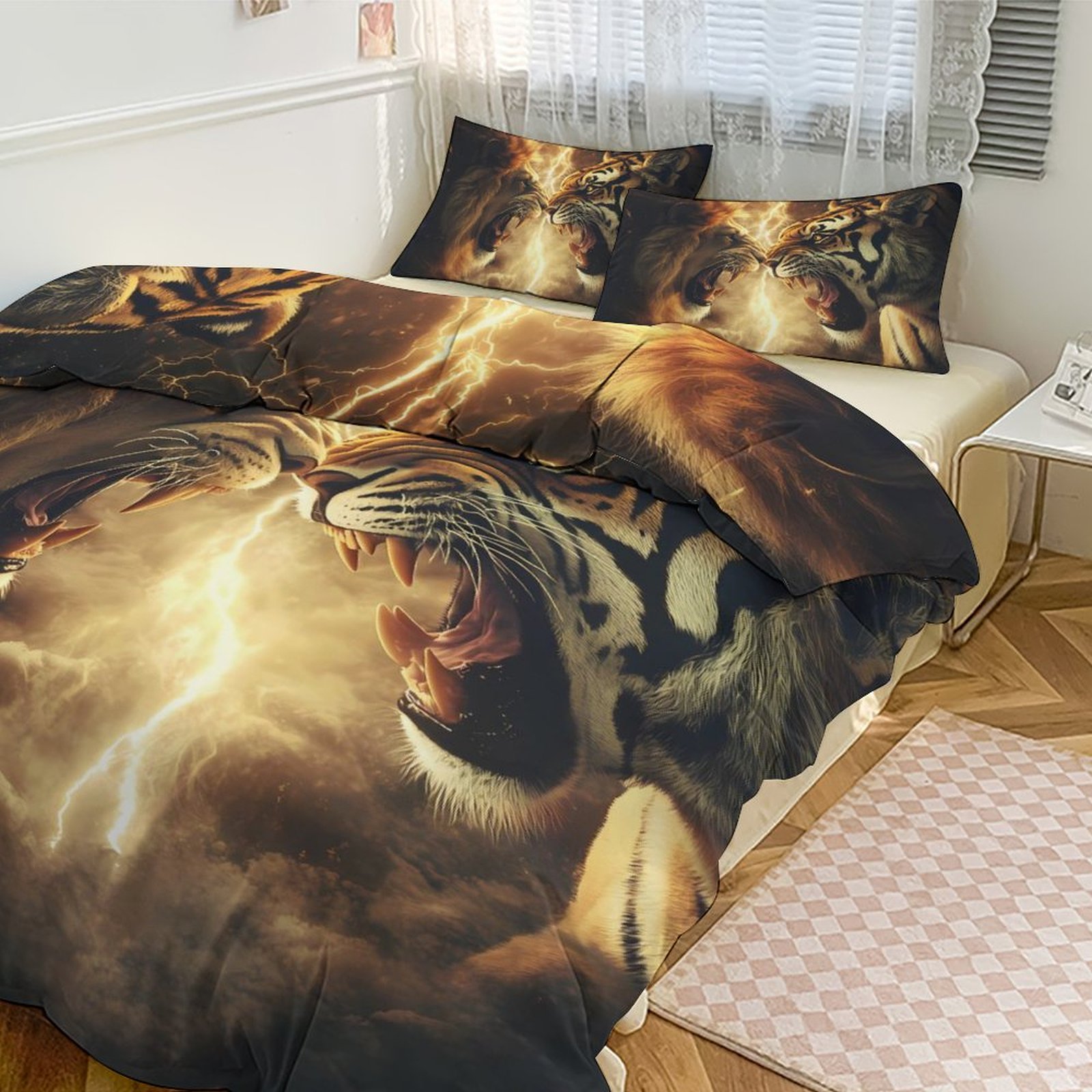 Lion And Tiger Howling Lightning Duvet Cover King&Queen Size Soft 3 ...