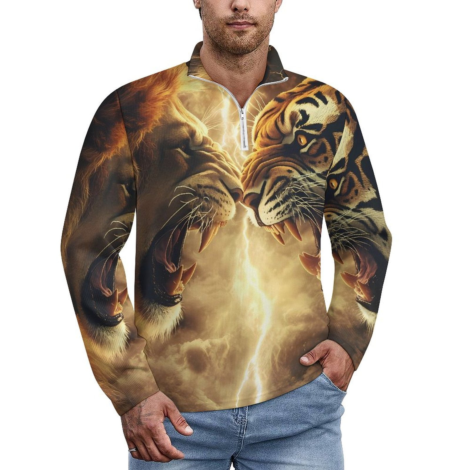 Lion And Tiger Howling Lightning Men's Sweaters 1/4 Zip Pullover Polo ...
