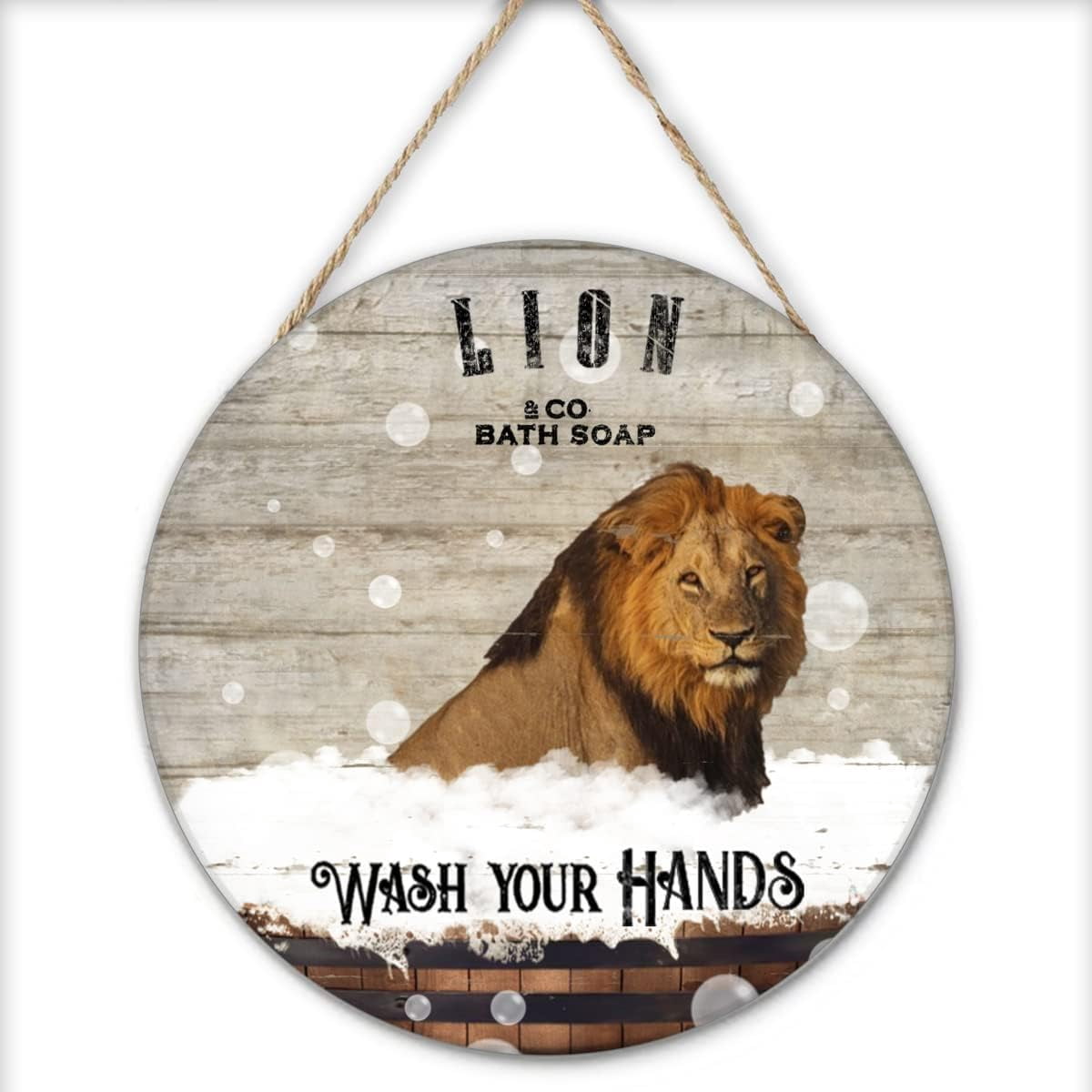 Lion Bath Soap Wash Your Hands Vintage Wooden Round Sign, Lion Print ...