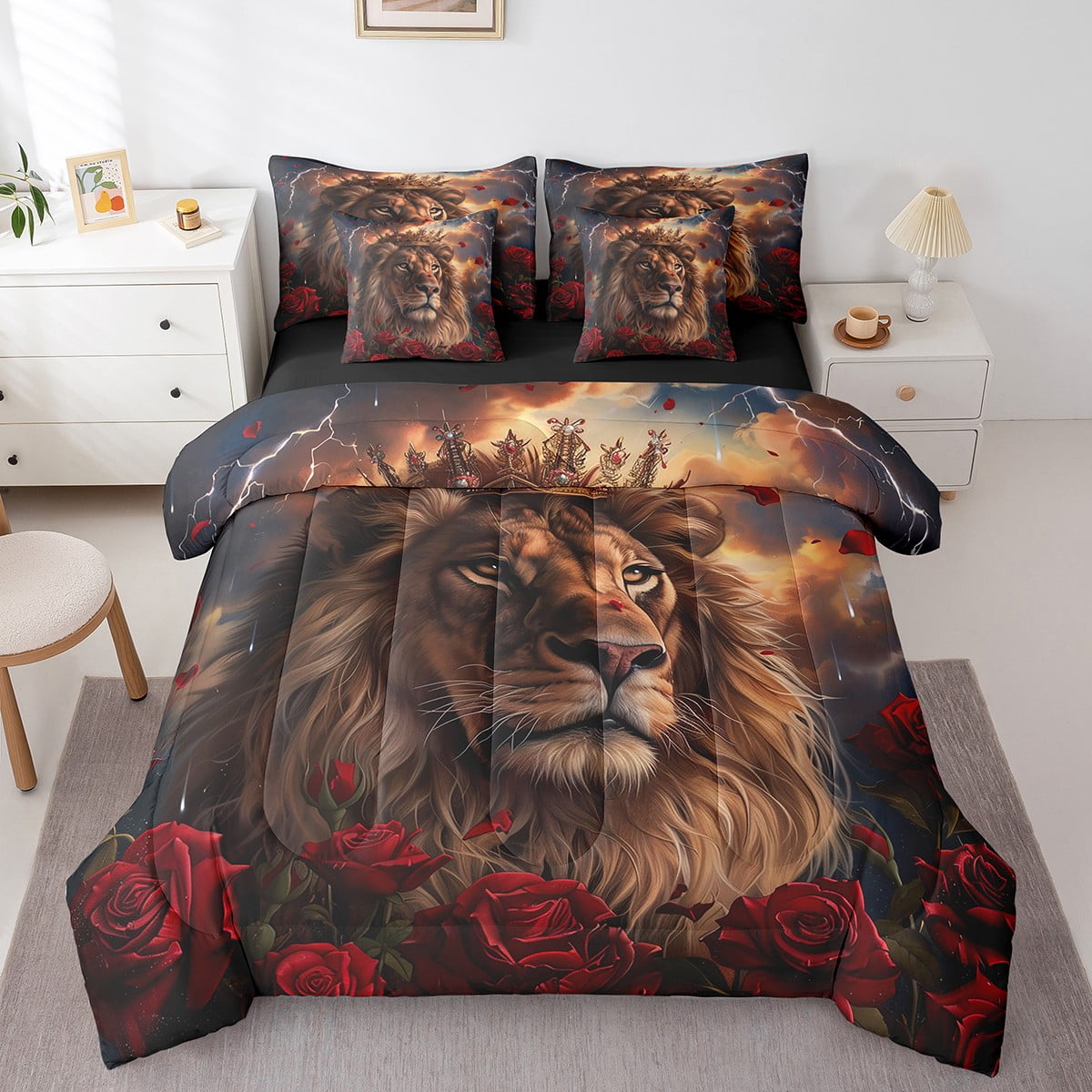 Lion Bed in a Bag King Size Comforter Set 7 Pieces,Red Rose Bedding ...