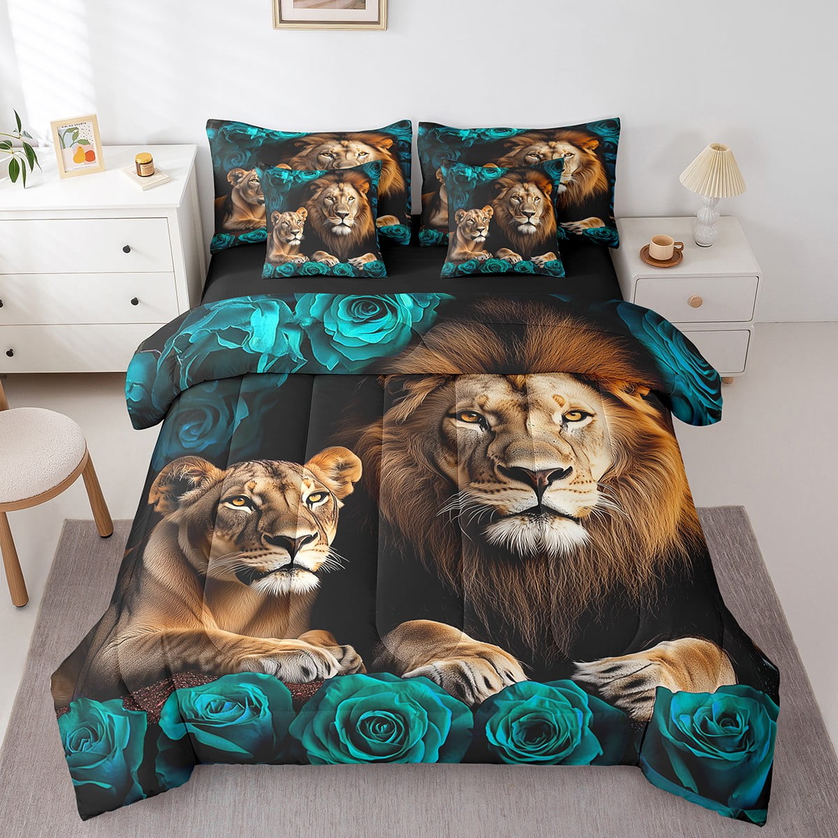 Lion Bed in a Bag King Size Comforter Set 7 Pieces,Teal Rose Sheet Set ...