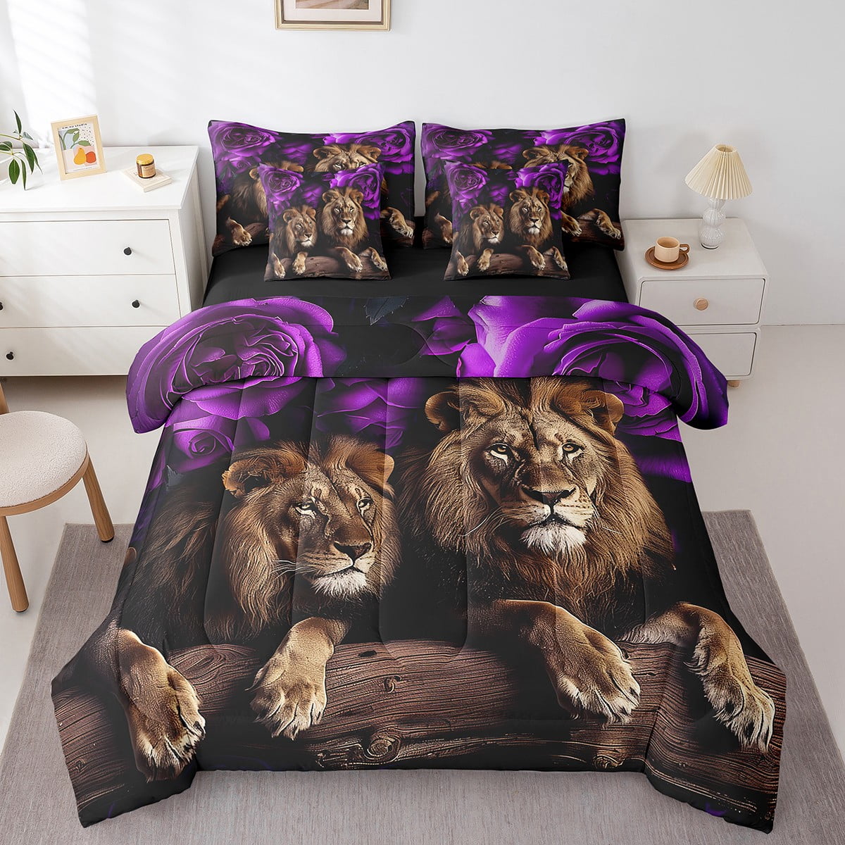 Lion Bed in a Bag Queen 7 Pieces,Purple Rose Comforter Set Reversible ...