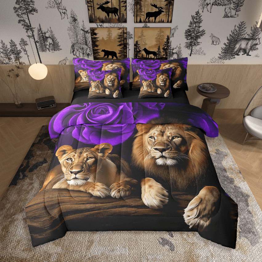 Lion Bed in a Bag Queen Comforter Set 7 Piece,Purple Rose Sheet Set ...