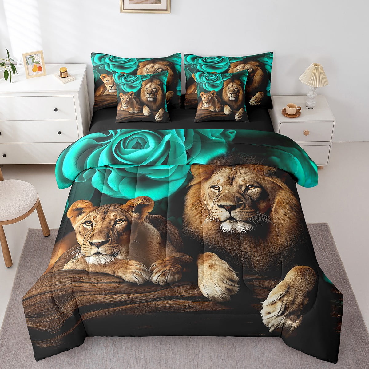 Lion Bed in a Bag Queen Comforter Set 7 Piece,Teal Rose Bedding Sets ...
