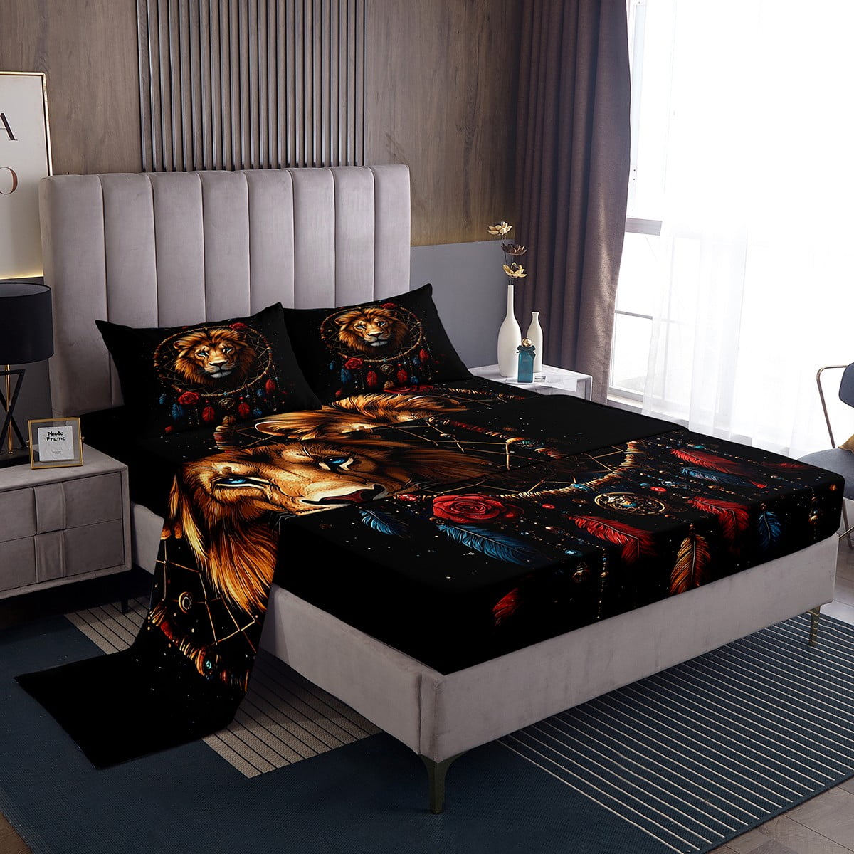 Lion Bed Sheets Set Dreamcatcher Sheet Set Twin,Boho Feather Flowers ...