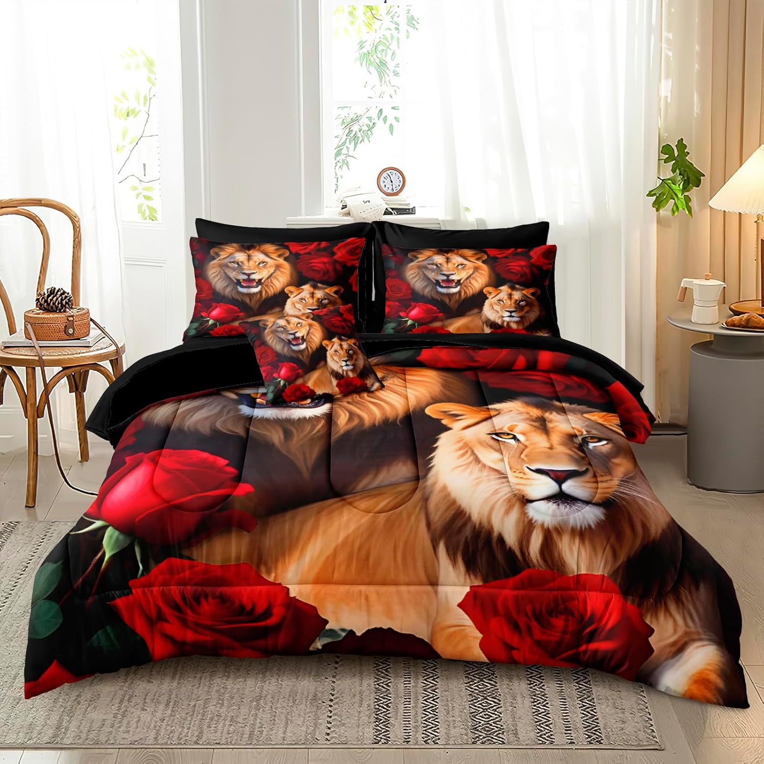 Lion Bedding Comforter Set King Size Wild Animal Bedding Set with Rose ...