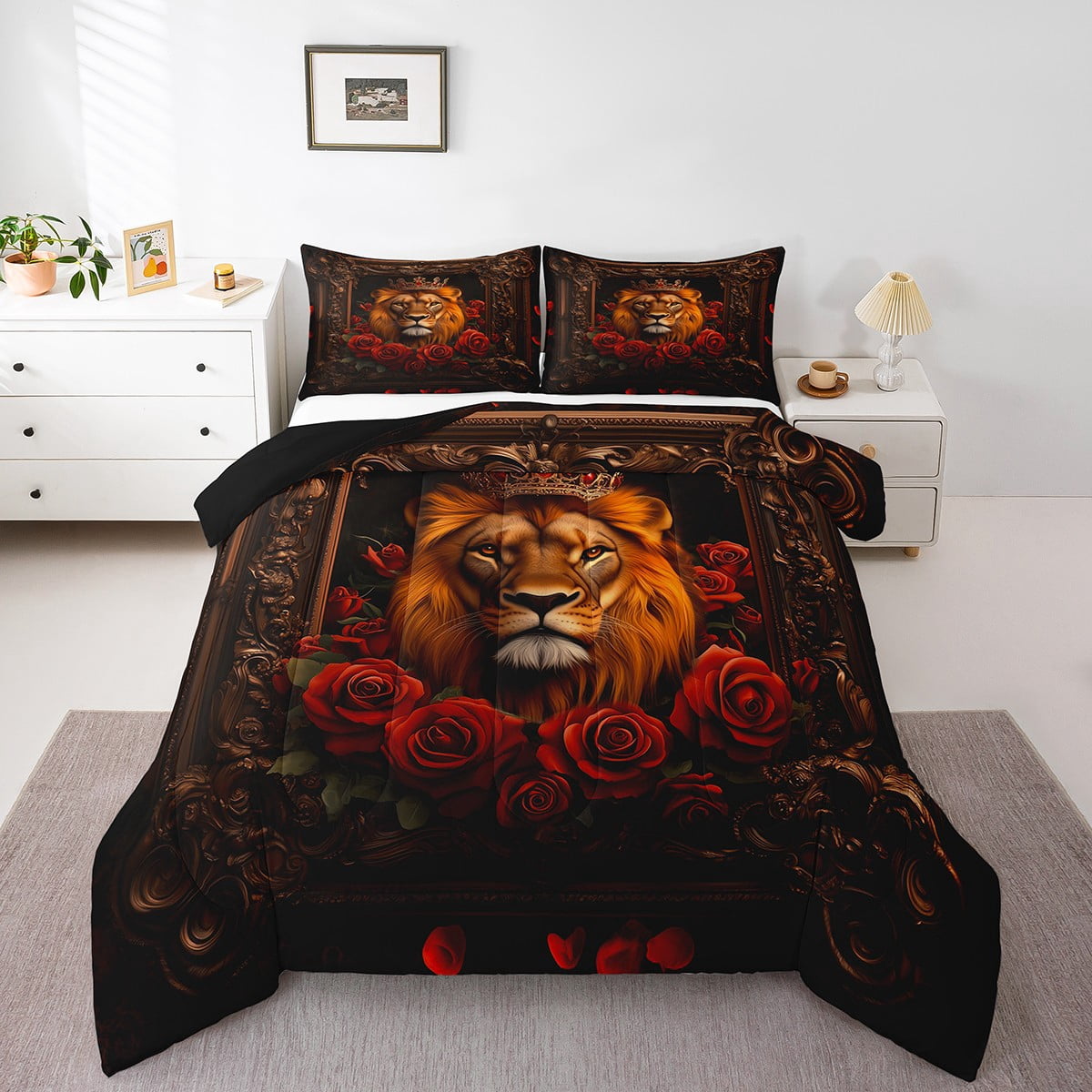Lion Bedding Set Queen Size Luxury Vintage Crown Comforter Bedroom ...