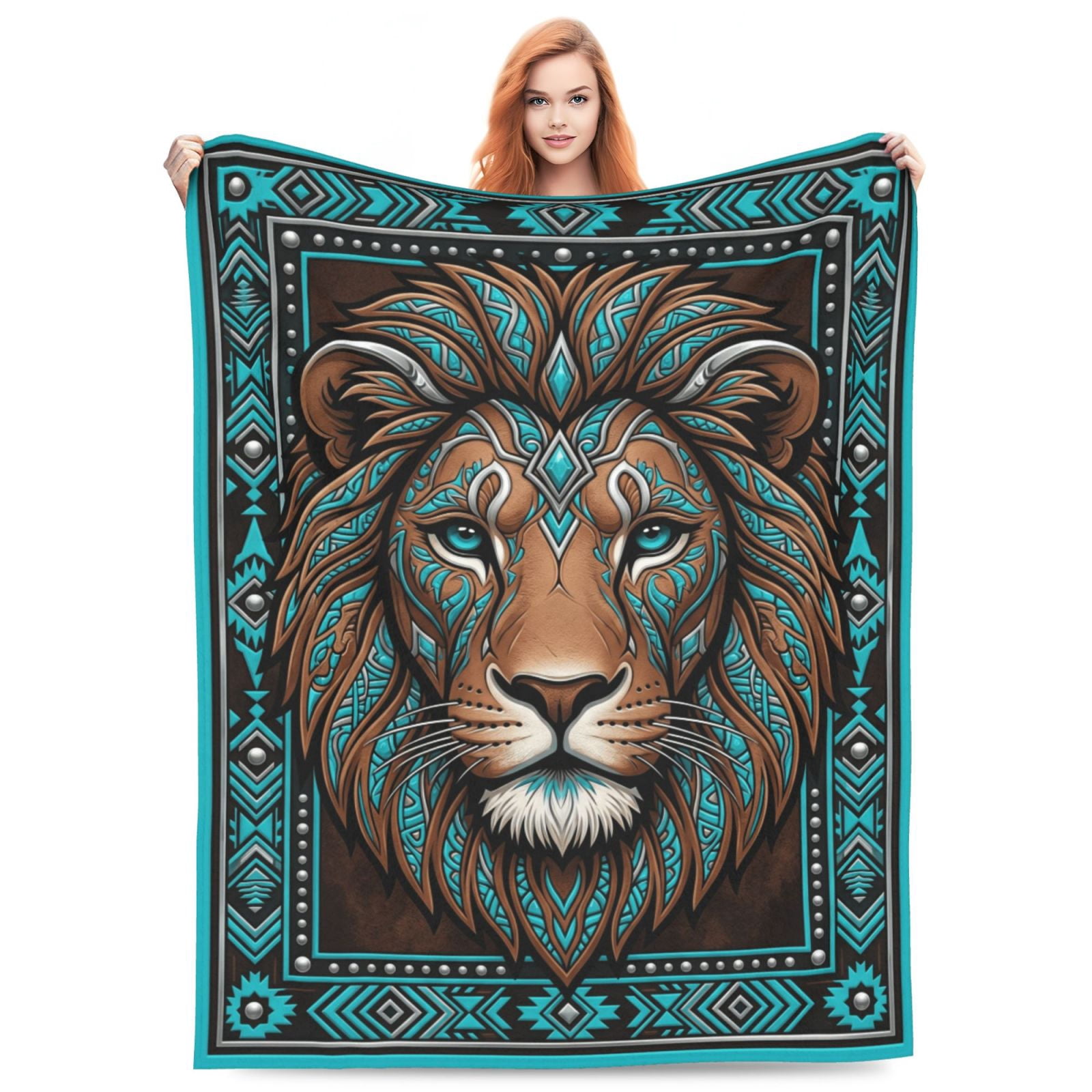 Lion Blanket, Tribal Turquoise Lion Art, Southwestern Aesthetic ...