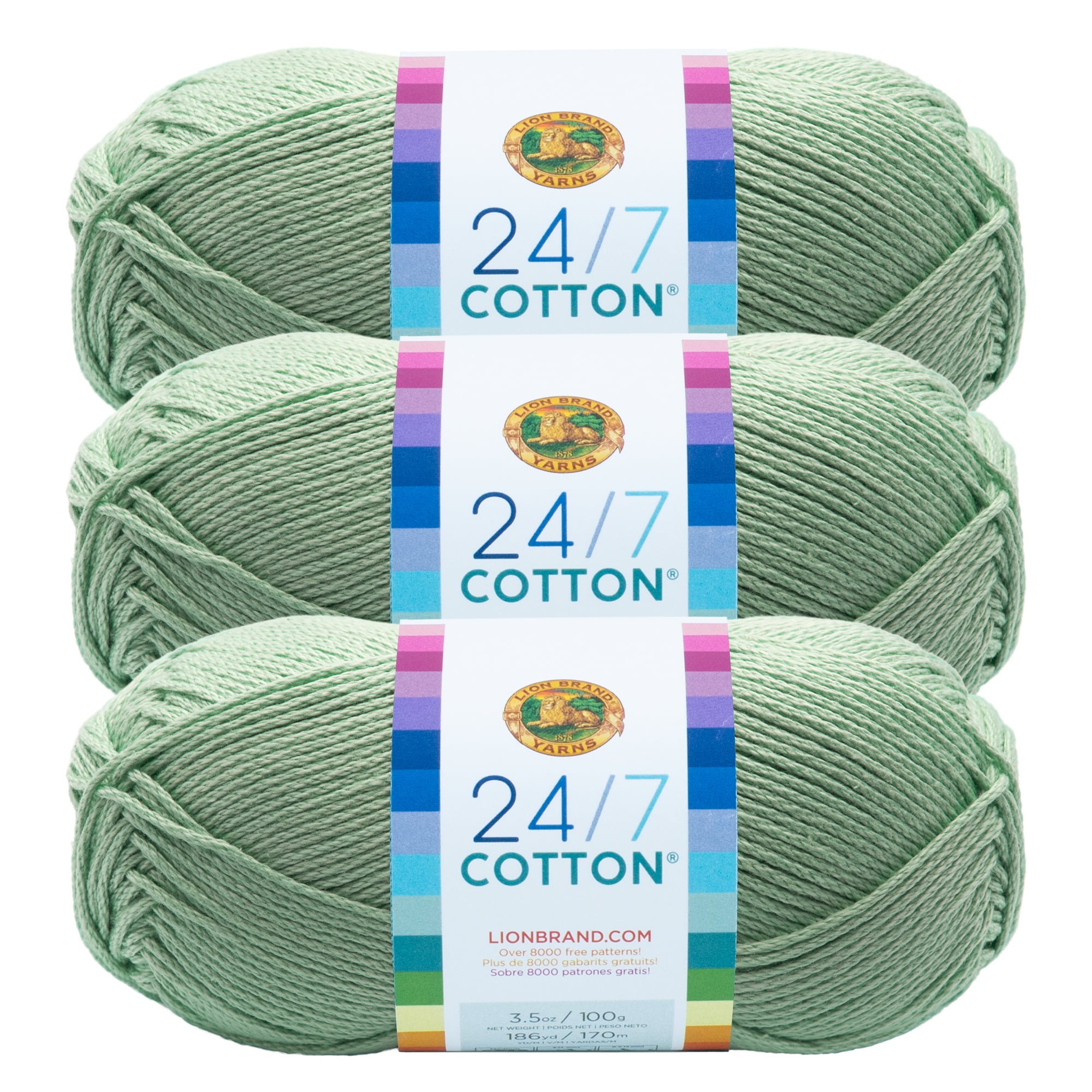 Lion Brand Yarn 24/7 Cotton Mint Medium Mercerized Cotton Yarn 3 Pack ...