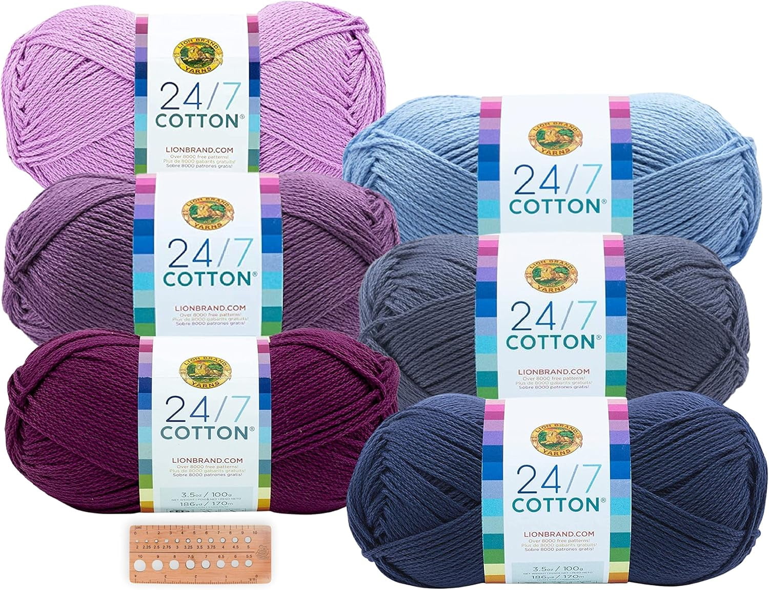Lion Brand Yarn - 24/7 Cotton - 6 Skein Assortment (Lilac Blue ...