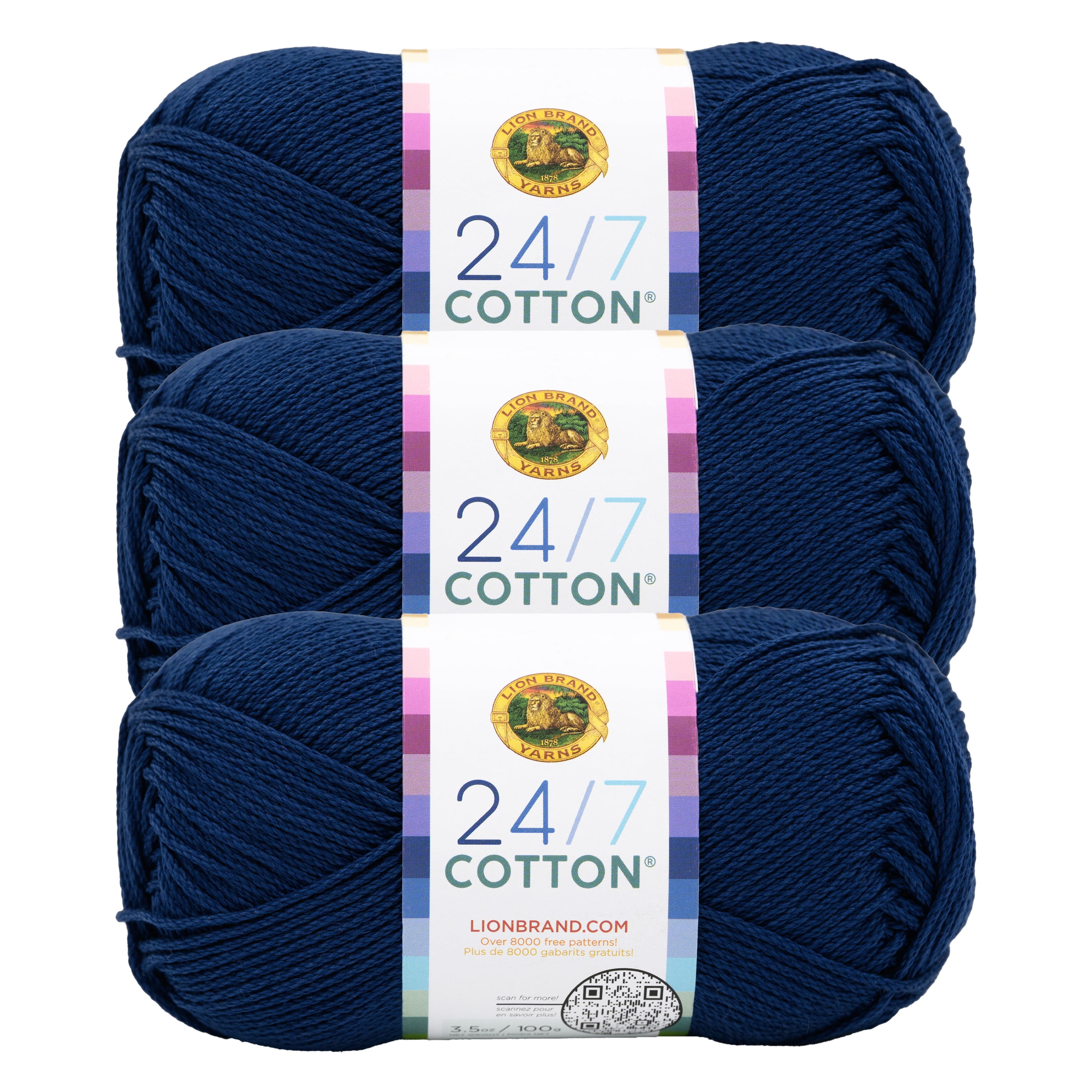 Lion Brand Yarn 24/7 Cotton Admiral Medium Mercerized Cotton Blue Yarn ...