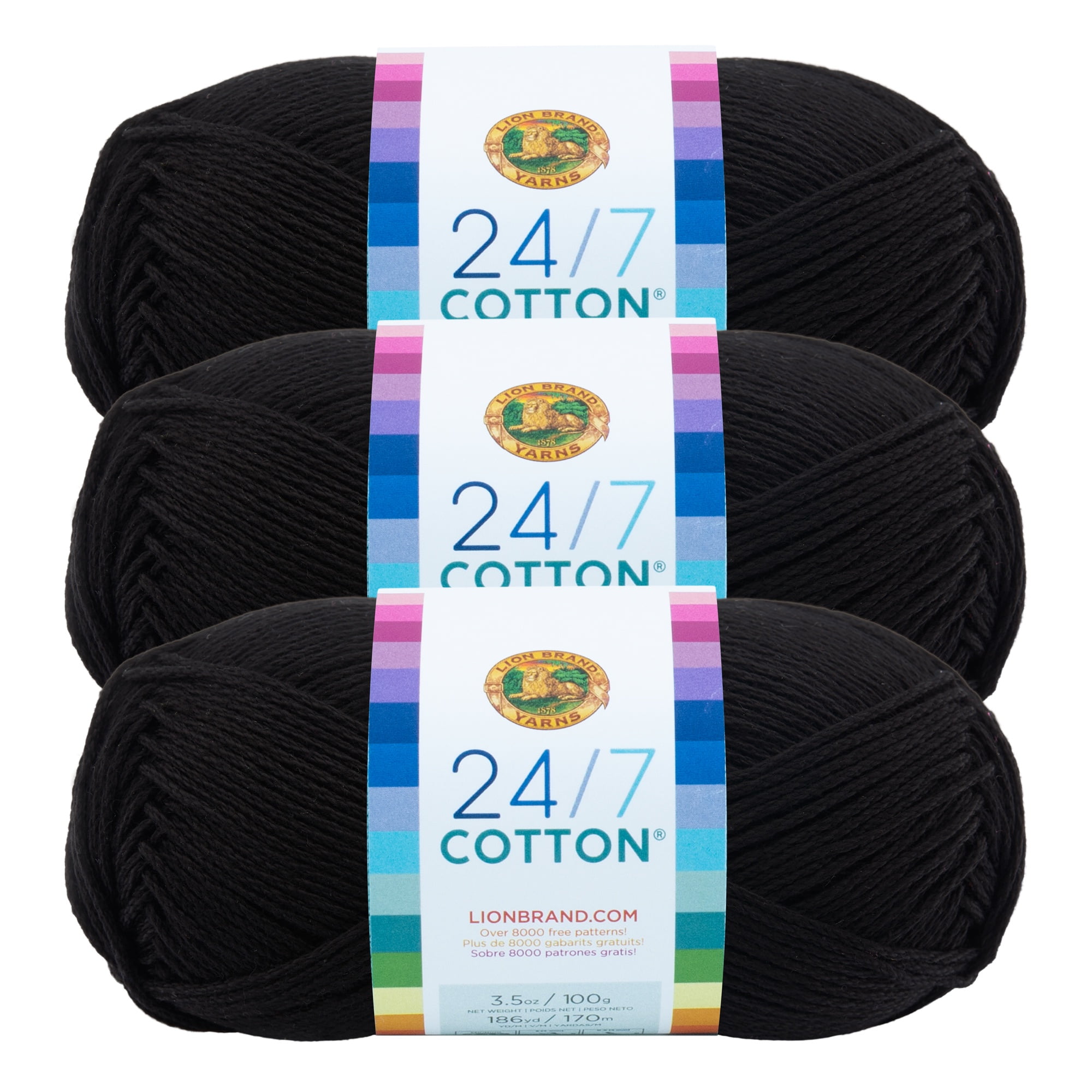 Lion Brand Yarn 24/7 Cotton Black Medium Mercerized Cotton Yarn 3 Pack ...