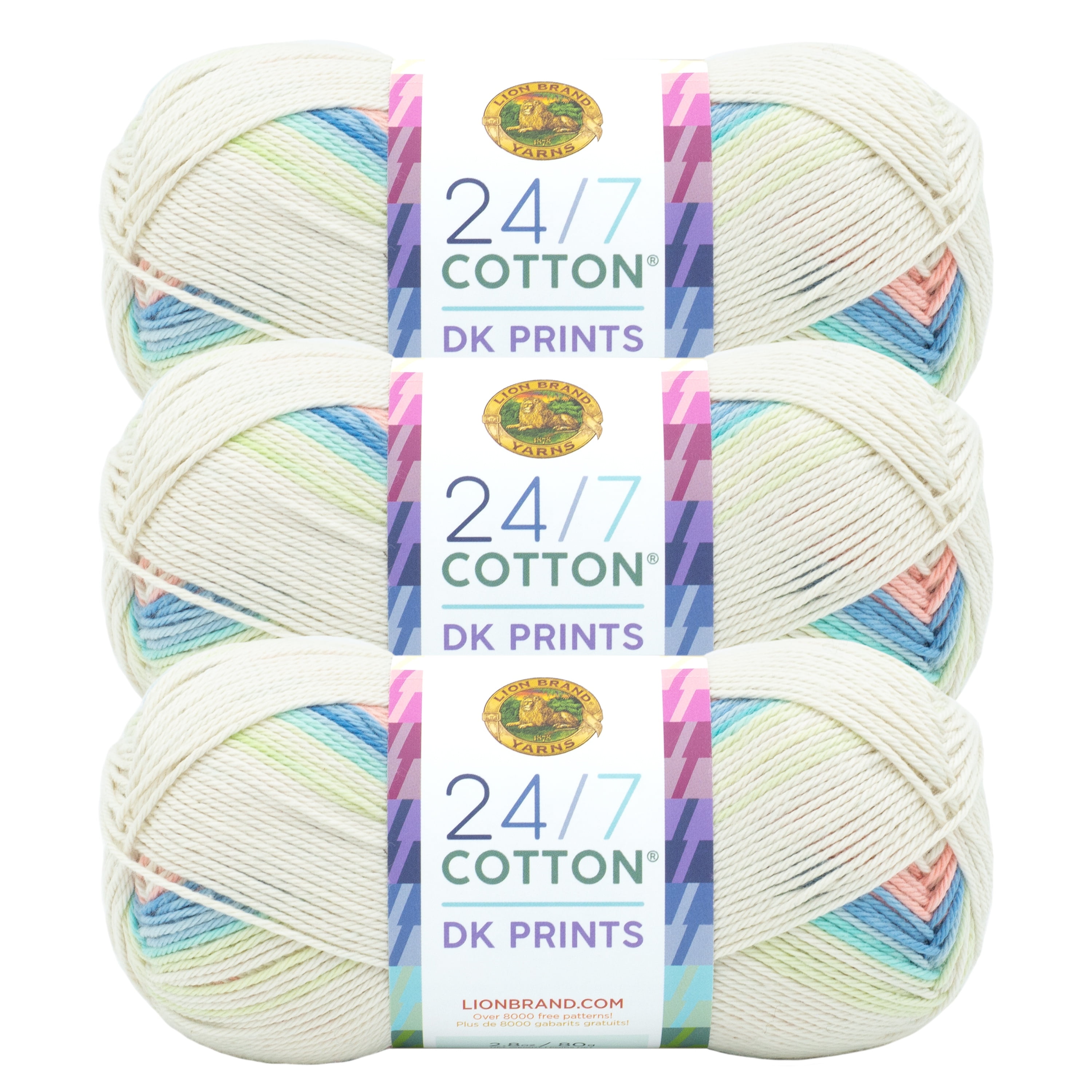 Lion Brand Yarn 24/7 Cotton DK Cool Breeze Light Cotton Yarn 3 Pack ...