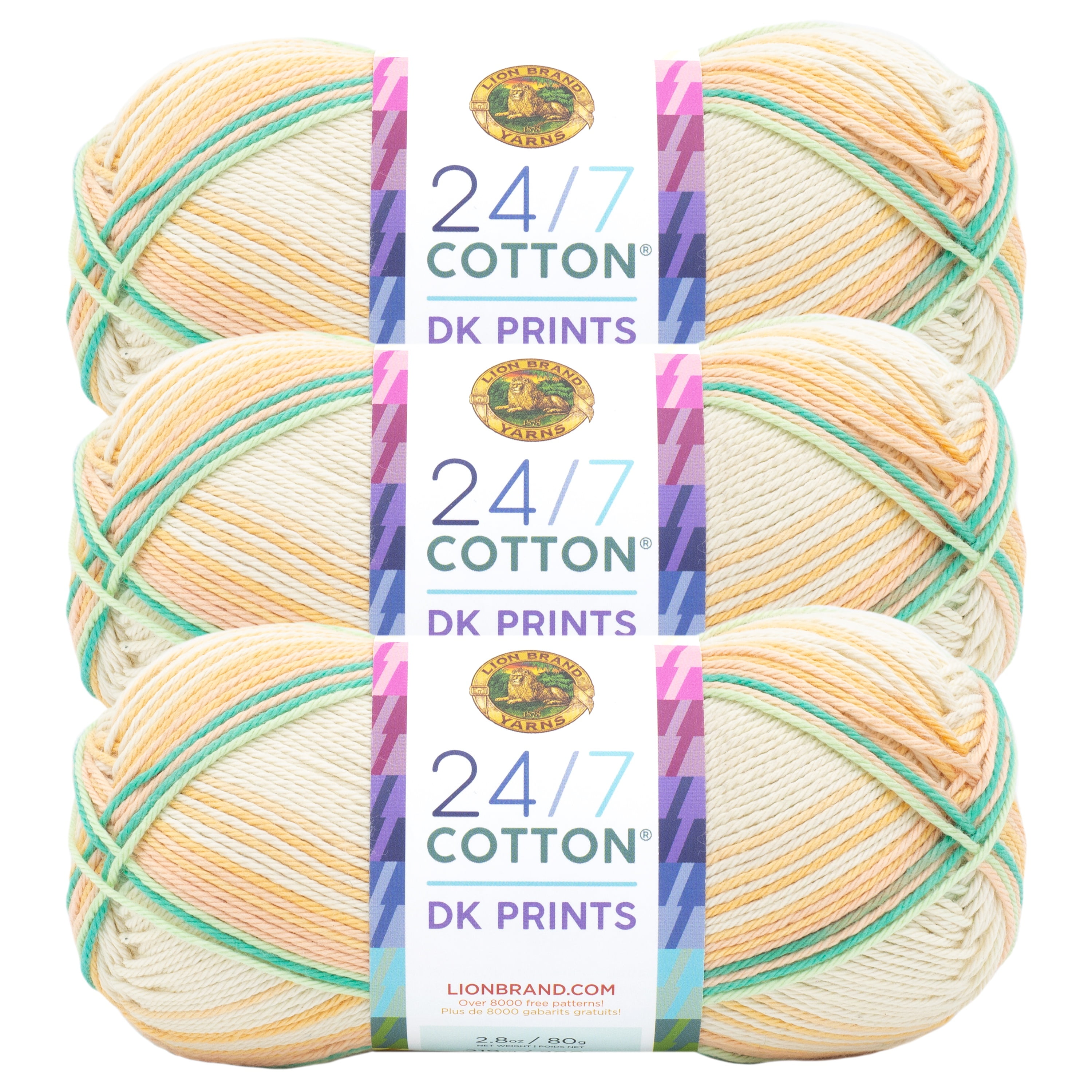 Lion Brand Yarn 24/7 Cotton DK Spring Light Cotton Yarn 3 Pack ...