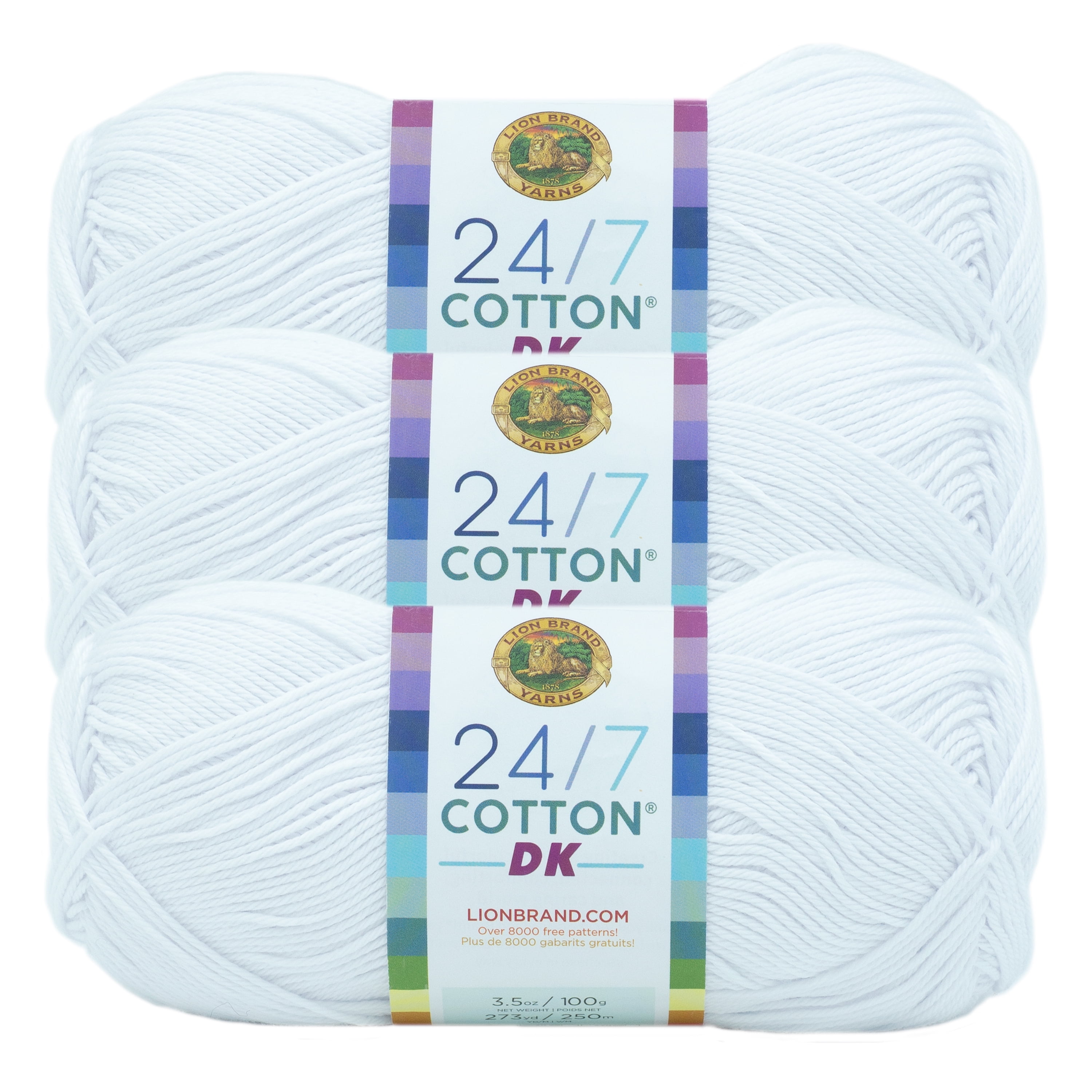 Lion Brand Yarn 24/7 Cotton DK Sugarcane Light Cotton White Yarn 3 Pack ...