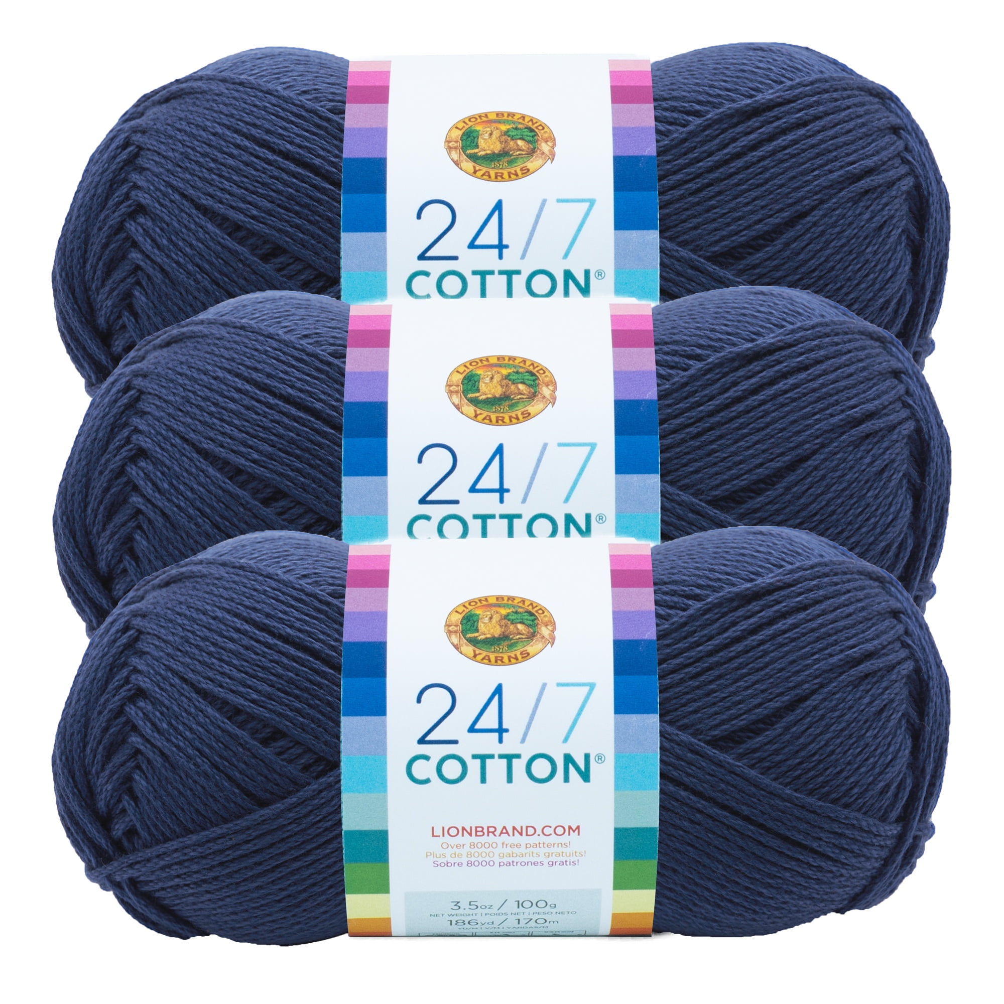 Lion Brand Yarn 24/7 Cotton Navy Medium Mercerized Cotton Yarn 3 Pack ...