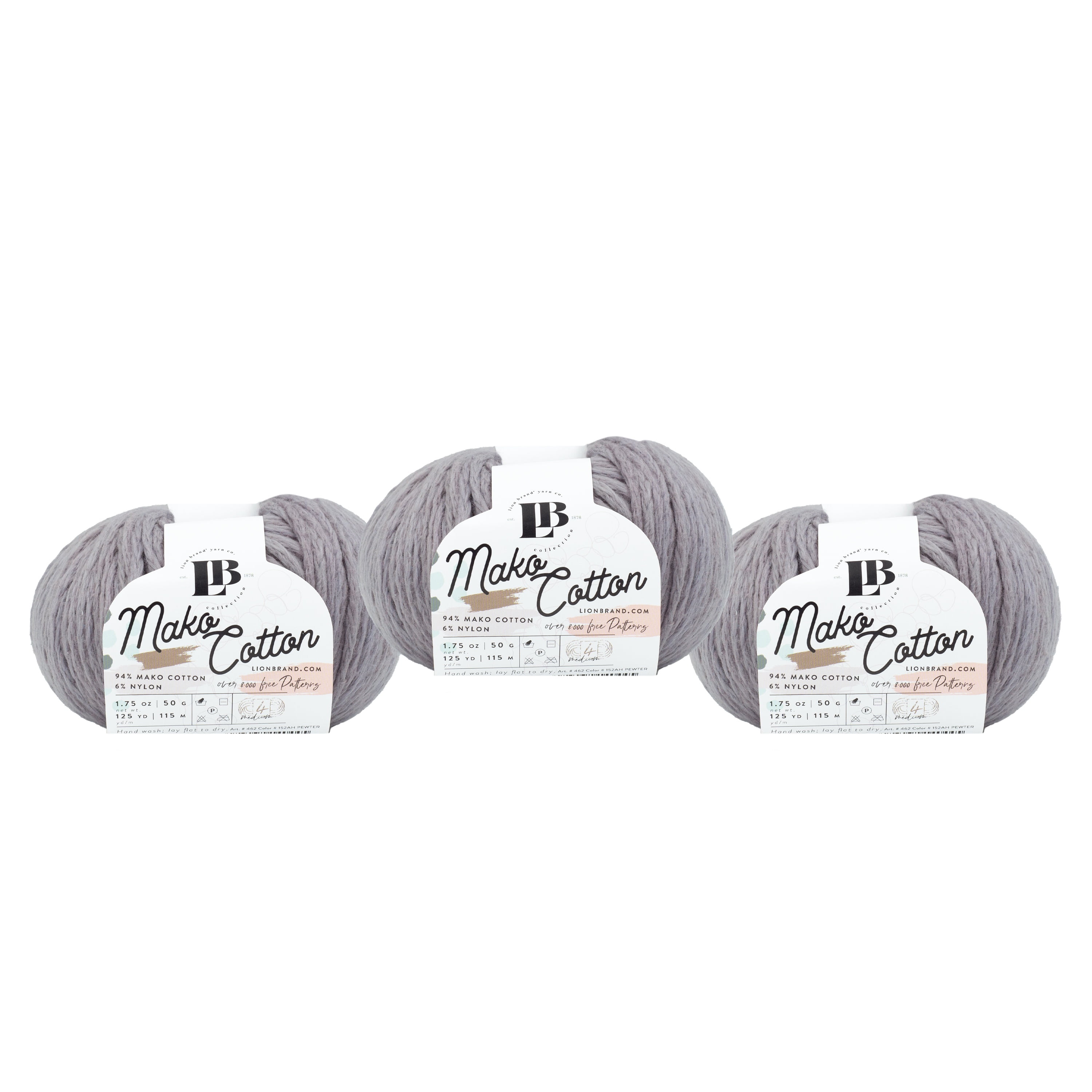 Lion Brand Yarn LBC Mako Cotton Pewter Medium Mako Cotton, Nylon Yarn 3 ...