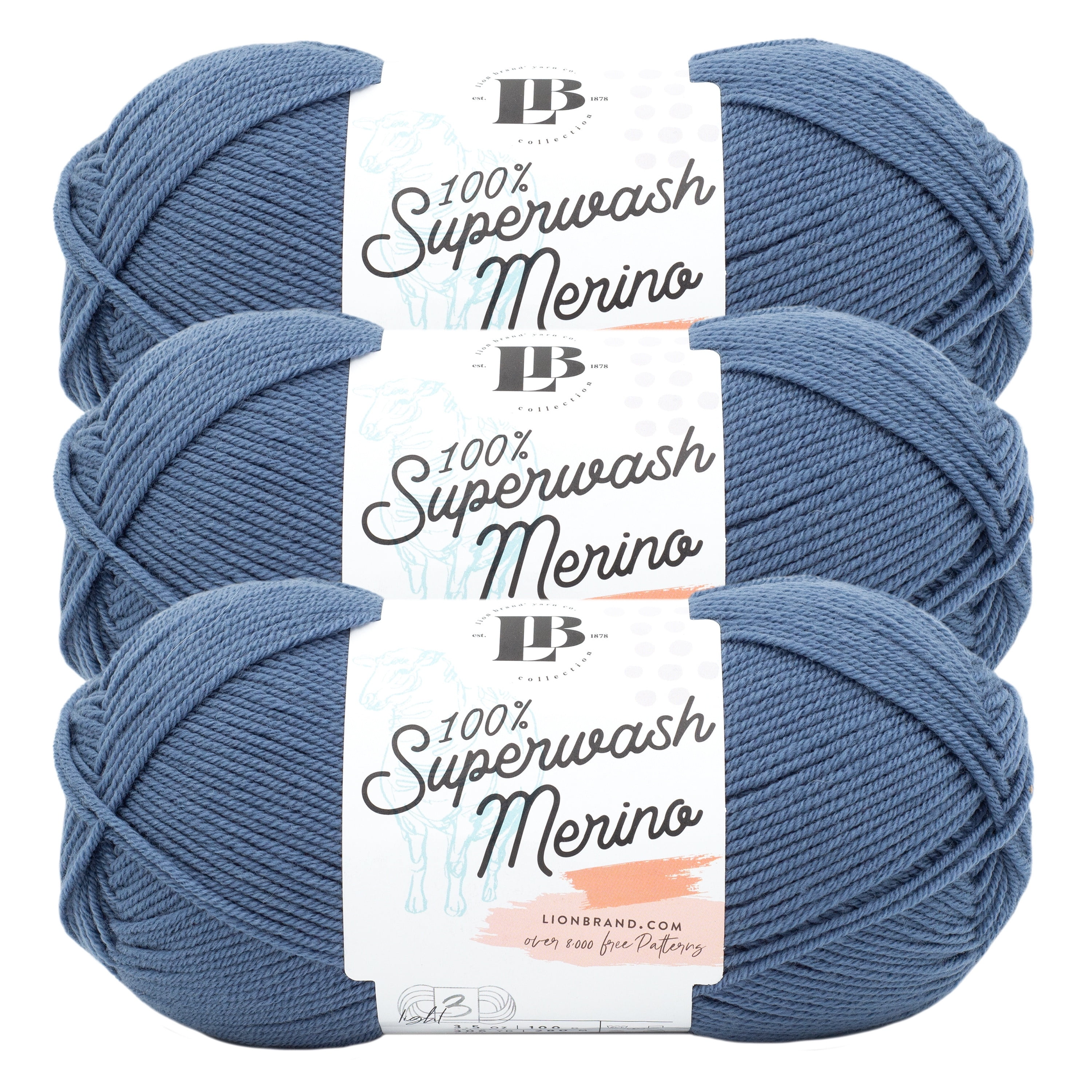 Lion Brand Yarn LBC Superwash Merino Denim Light Weight Extra Fine Wool ...