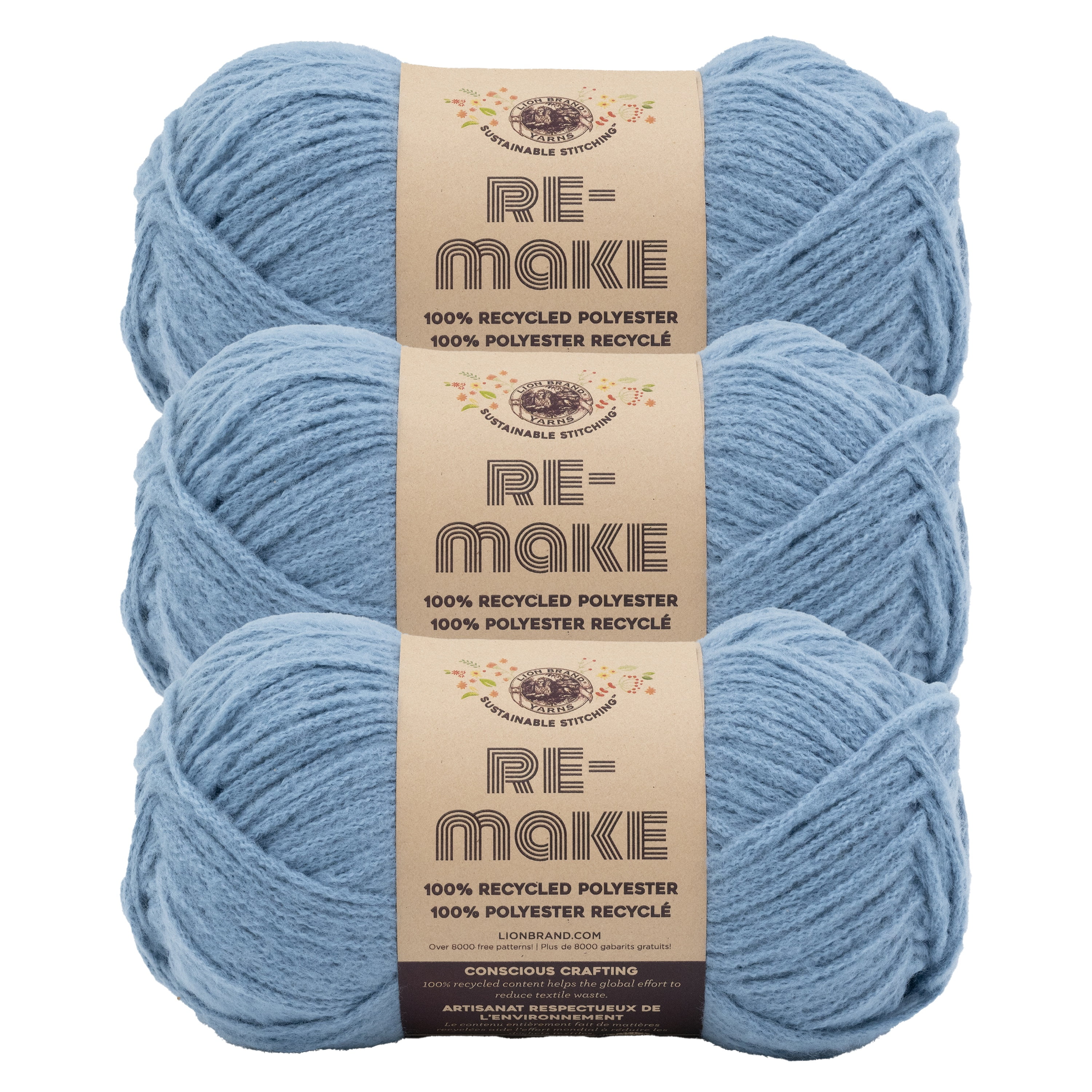 Lion Brand Yarn Re-Make Azure Blue Medium Recycled Polyester Yarn 3 ...