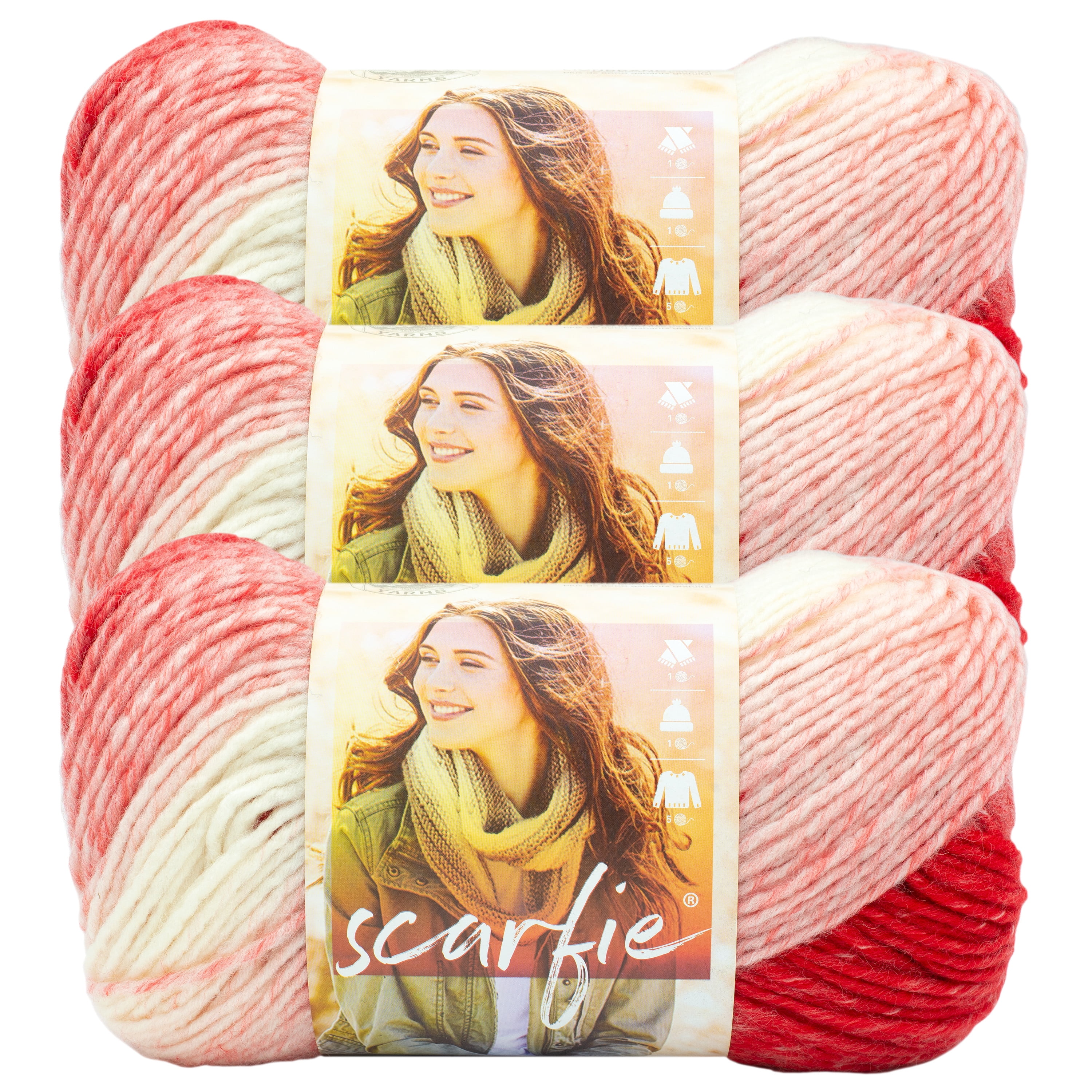 Lion Brand Yarn Scarfie Red/Cream Bulky Acrylic, Wool Multi-color Yarn ...