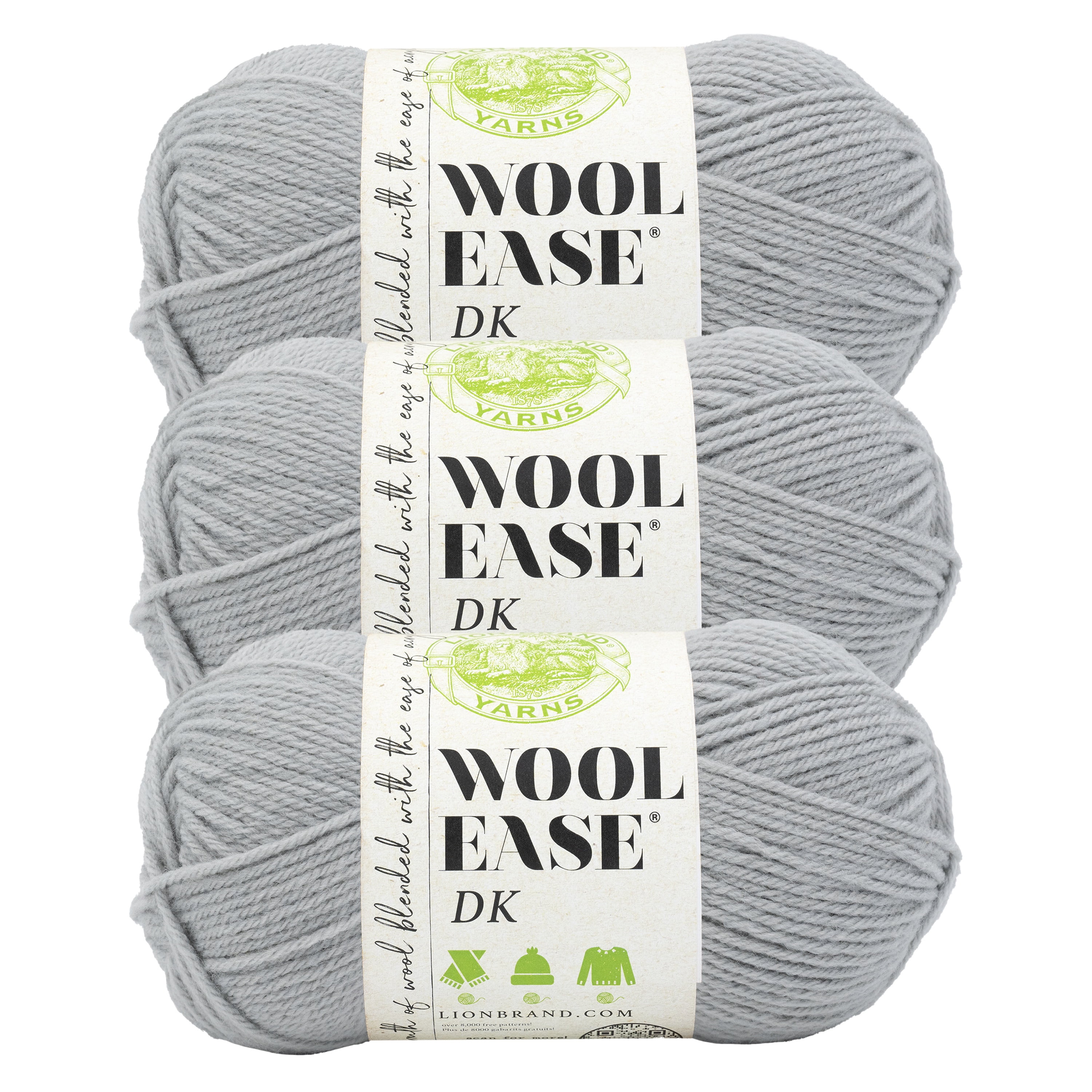Lion Brand Yarn Wool-Ease DK Quiet Grey Light Acrylic, Wool Yarn 3 Pack ...