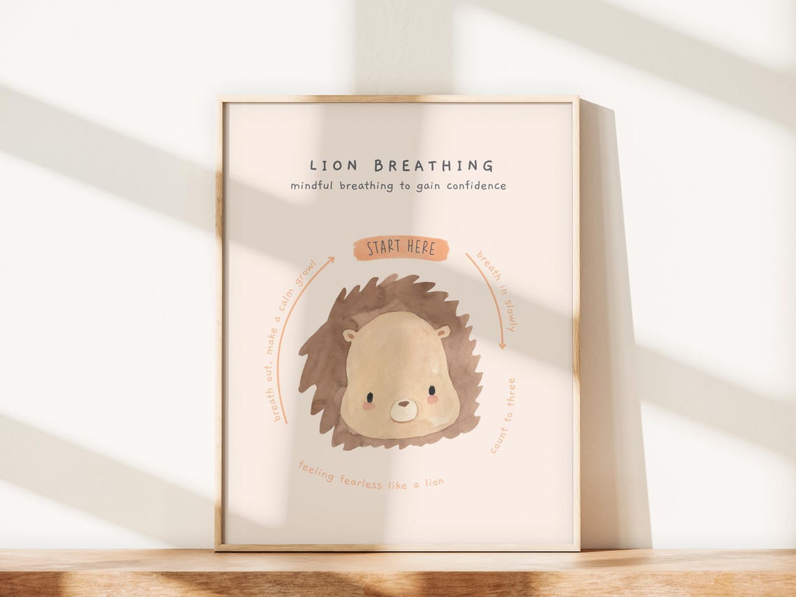 Lion Breathing Technique Educational Poster, Watercolor Cute Calm ...