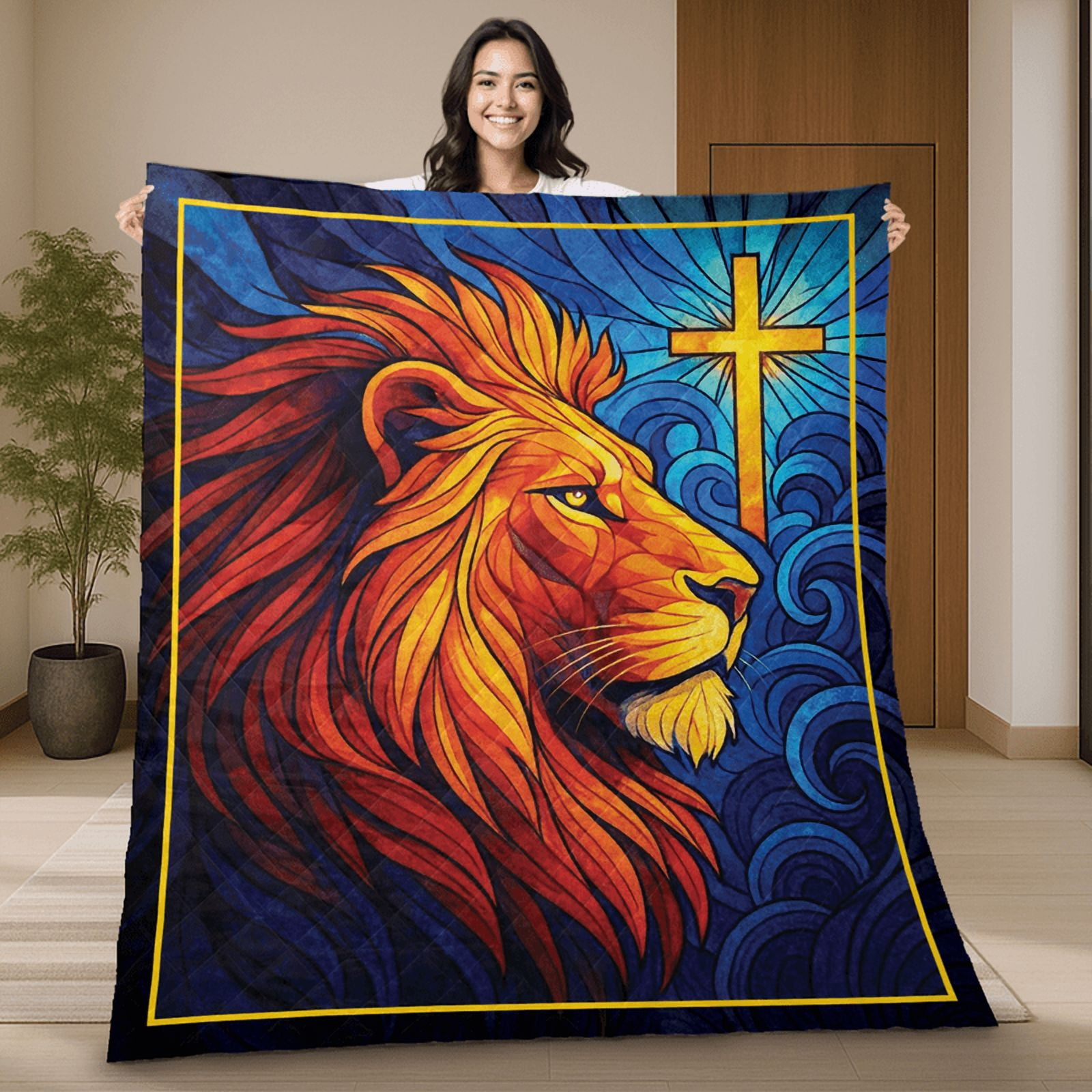 Lion Christian Cross Quilt Blanket -Faith Inspired Religious Quilt ...