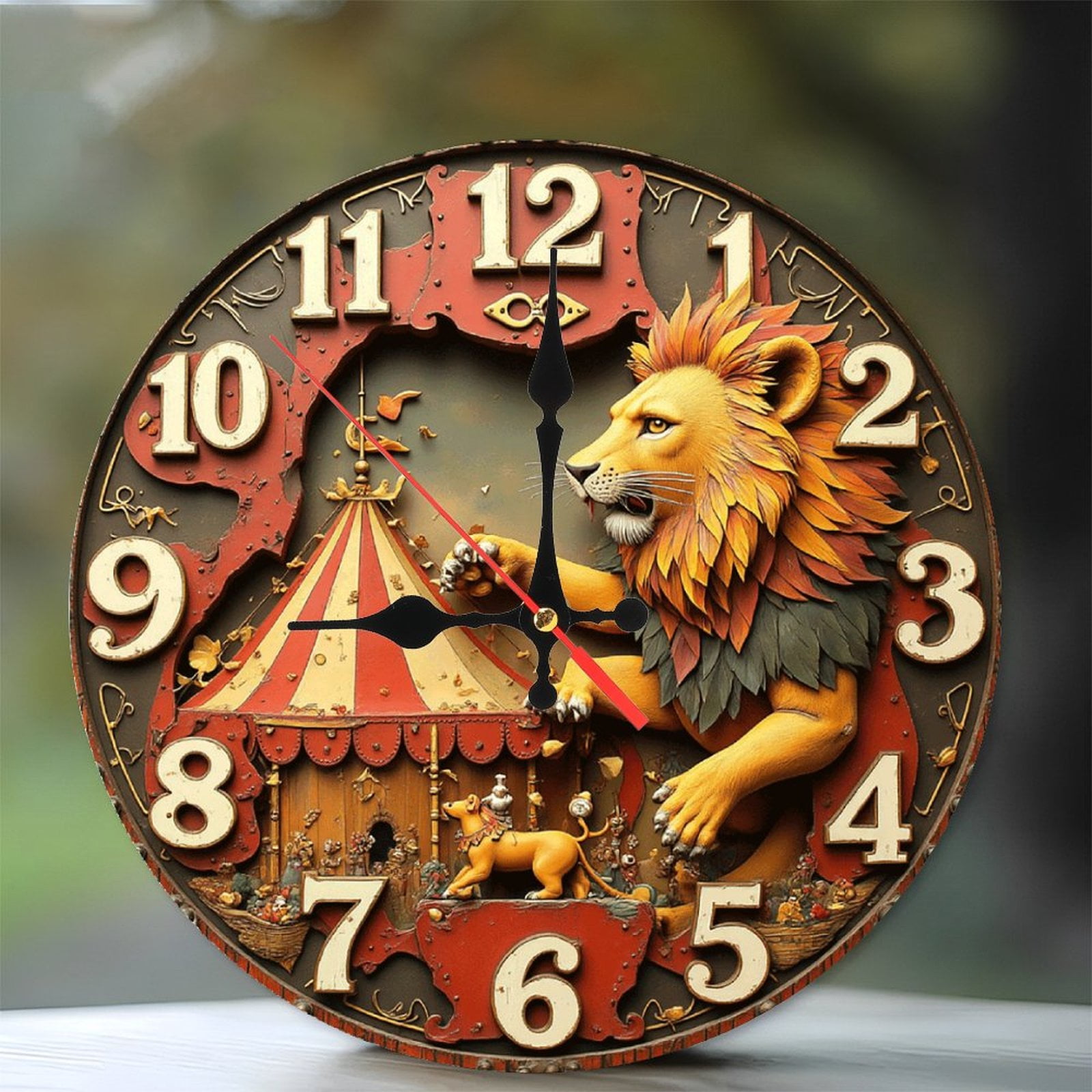 Lion Circus Clock Decorative Art Unique Design 10-Inch Silent Wooden ...