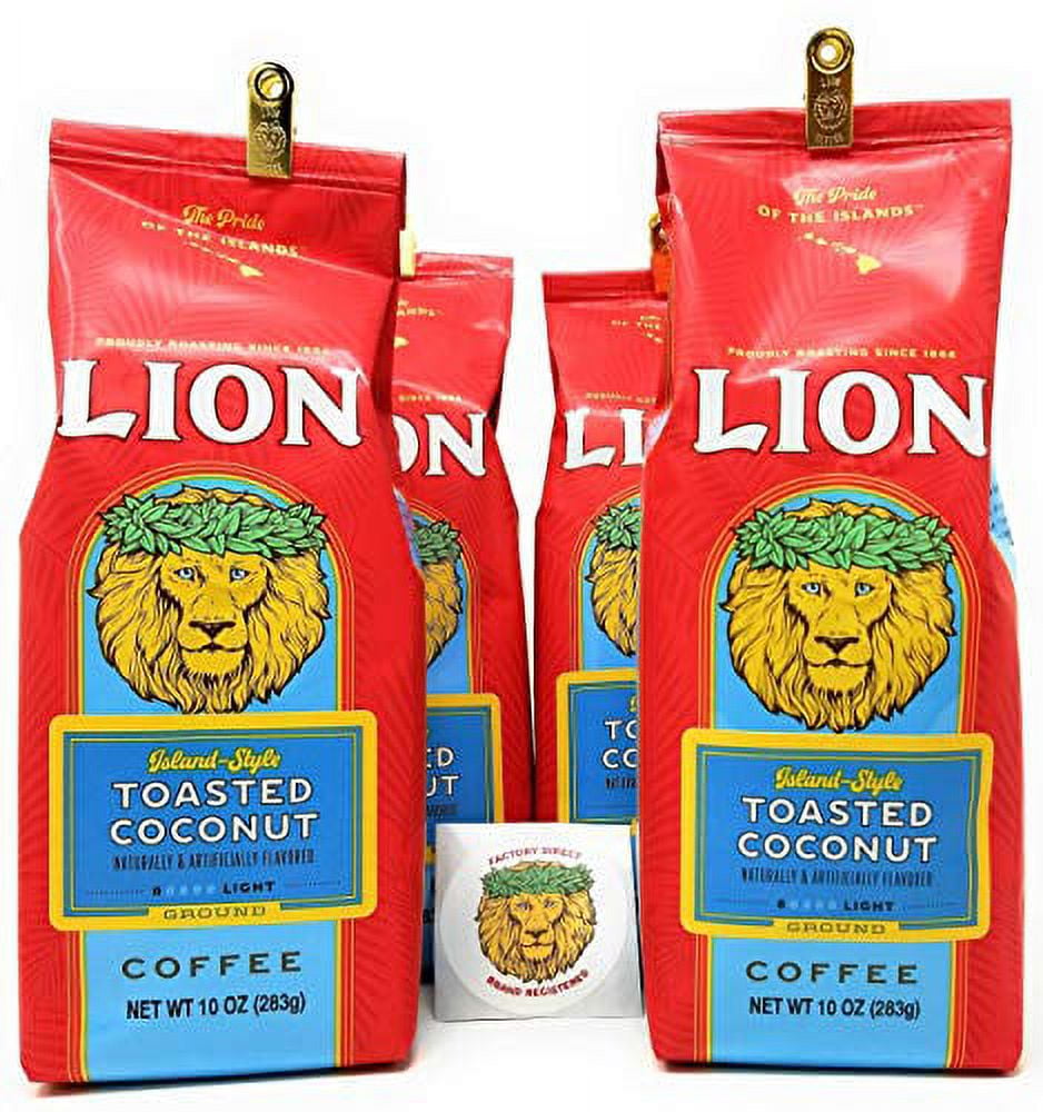 Lion Coffee Hawaiian Toasted Coconut, Ground, Light Roast, 4 Pack of 10 Ounce Bags, Island-Style ...