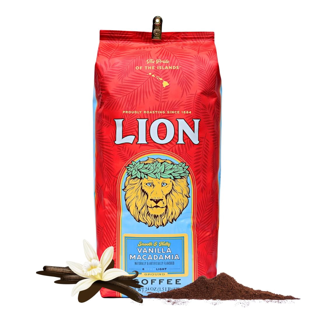 Lion Coffee Grounds - Vanilla Macadamia Flavor, Light Roast, 24 Ounce ...