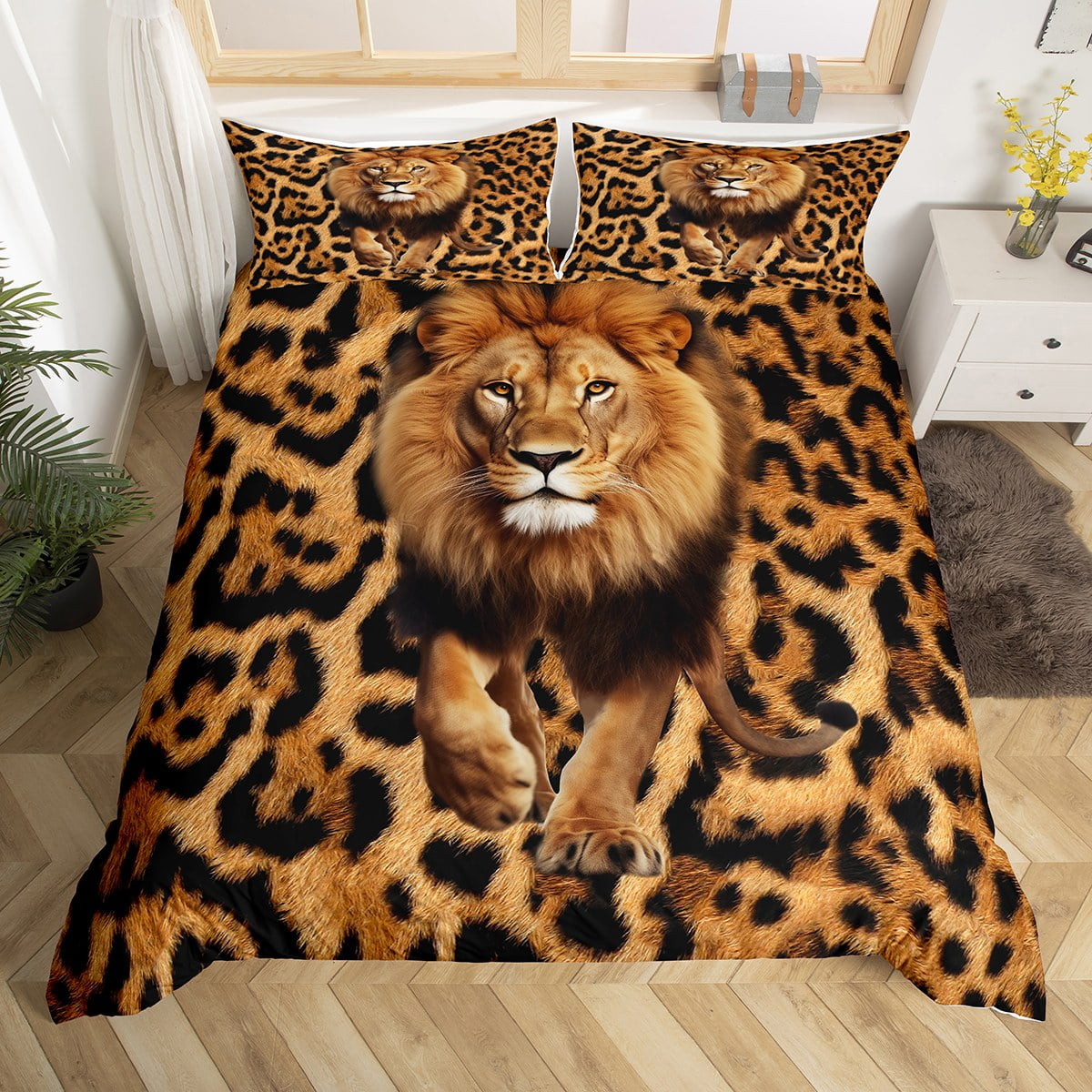 Lion Comforter Cover Leopard Print Bedding Set Brown Black Cheetah ...