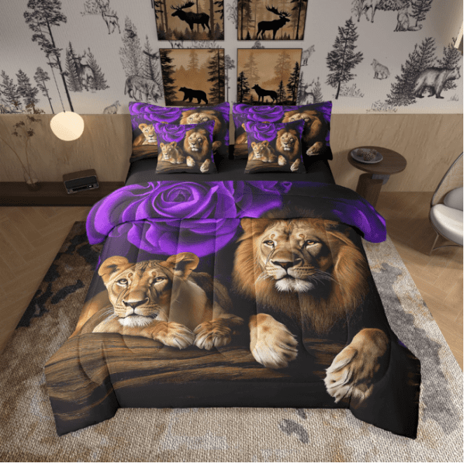 Lion Comforter Set 7 Piece Bed in a Bag Twin,Purple Rose Sheet Set with ...