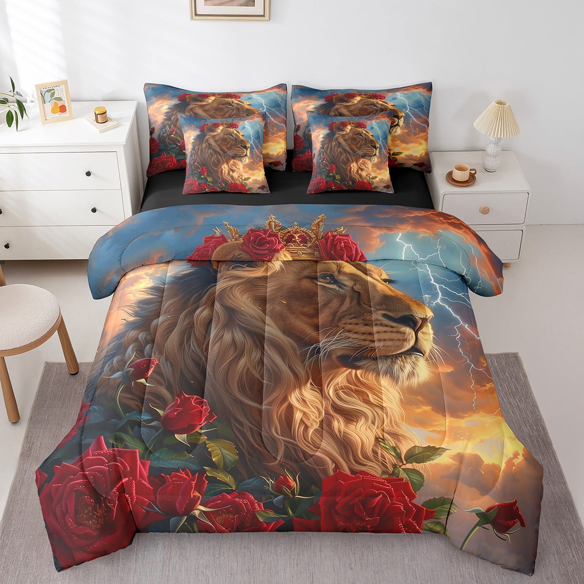 Lion Comforter Set 7 Piece Bed in a Bag Twin,Red Rose Sheet Set with ...
