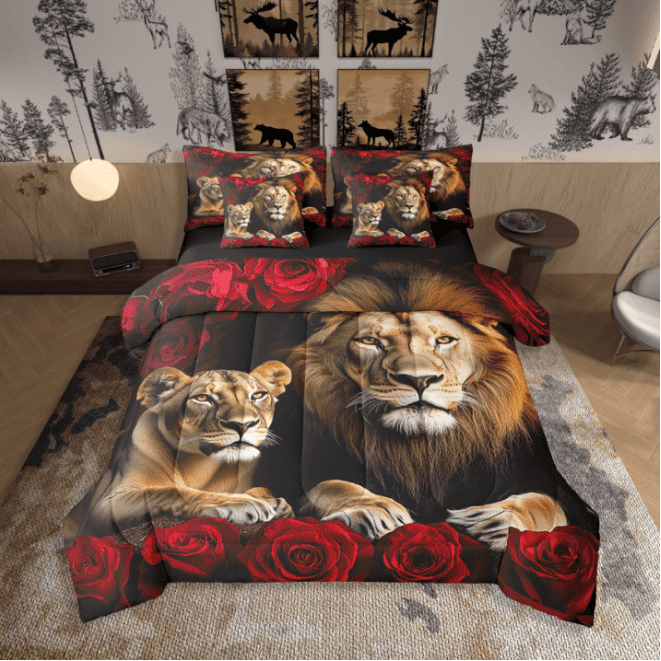 Lion Comforter Set 7 Piece Bed in a Bag Twin,Red Rose Sheet Set with ...
