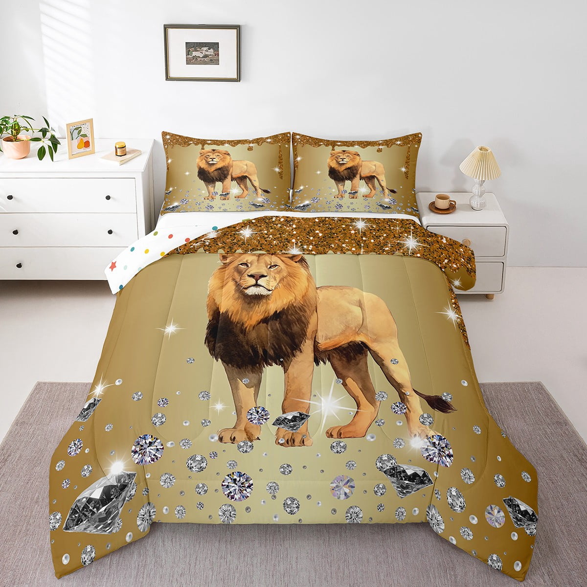 Lion Comforter Set Brown Sequin Fluid Art Bed Set,Crystal Diamond Twin ...