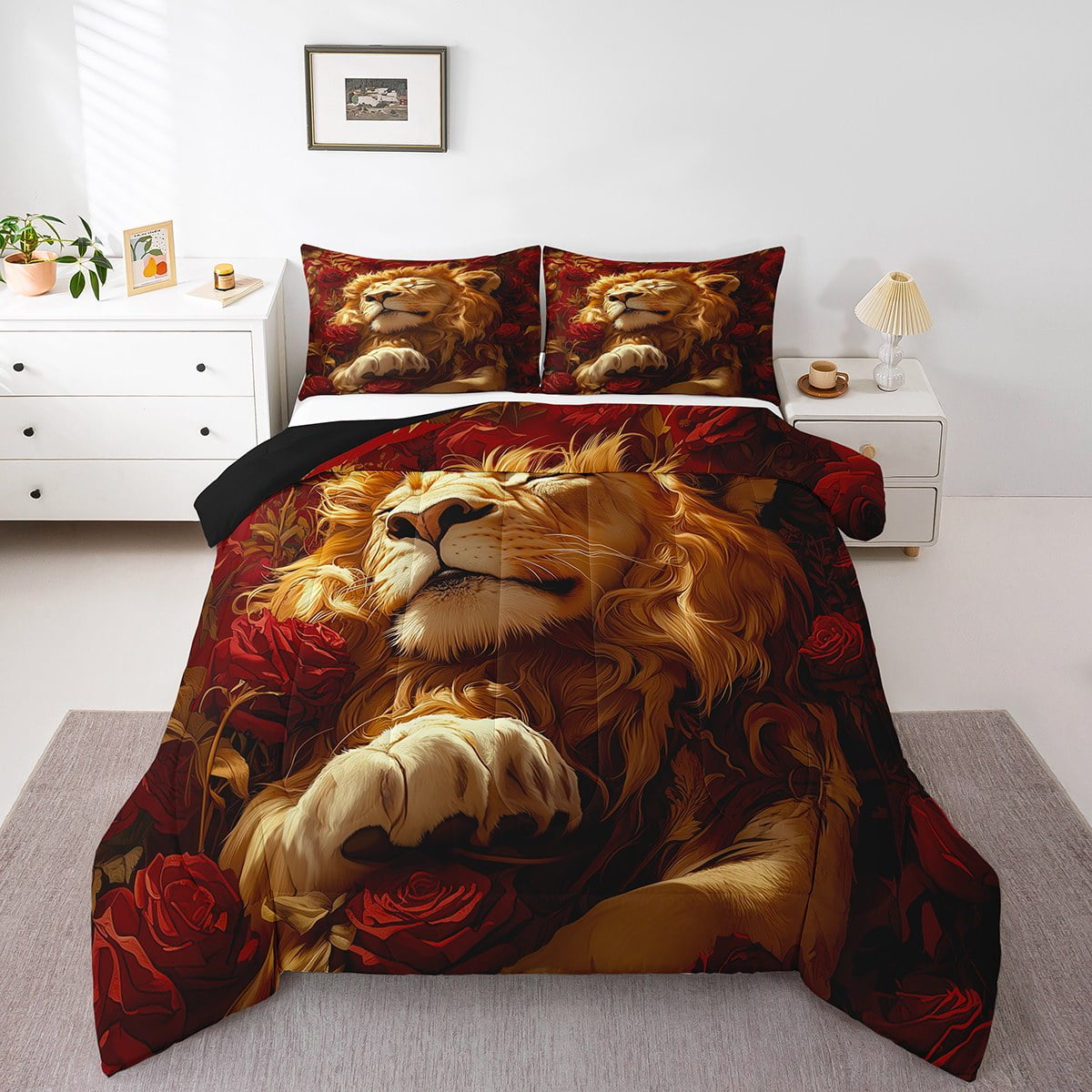 Lion Comforter Set Full Size,Red Rose Flowers Romantic Bedding Set ...