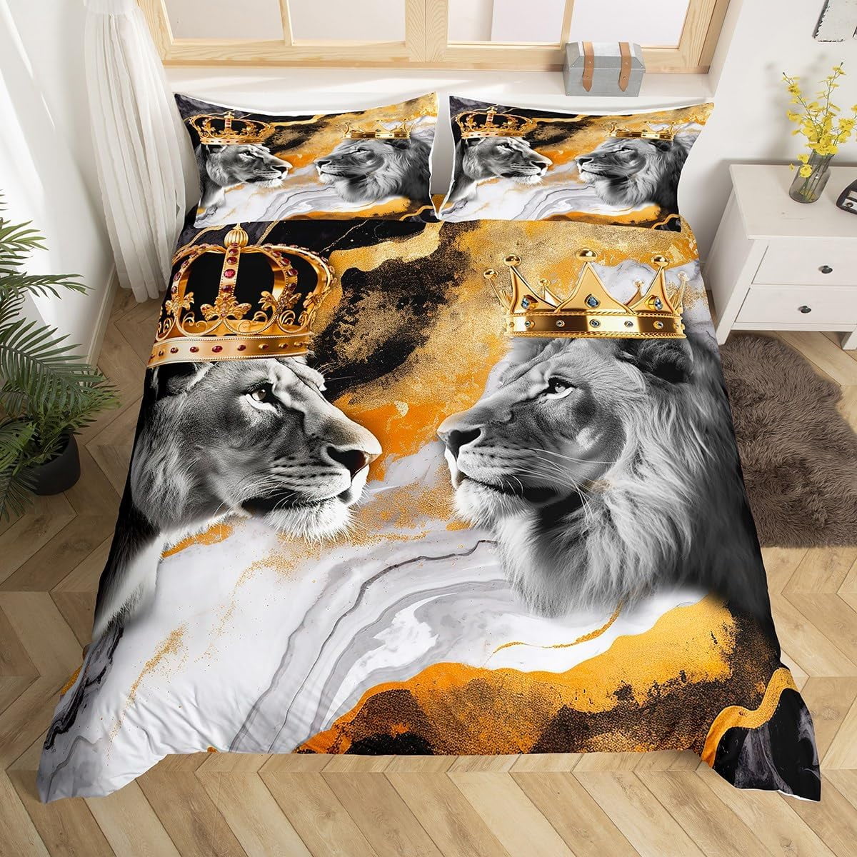 Lion Couple Bedding Set 104x90 inch ,African Tropical Wild Animal ...