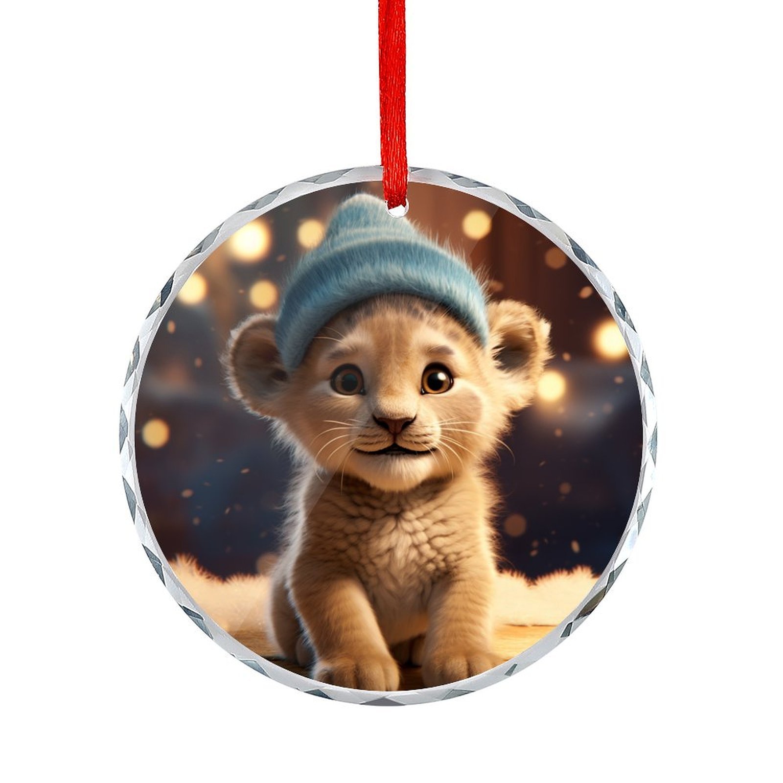 Lion Cub Is Wearing A Santa Hat Crystal Glass Christmas Ornament Happy ...