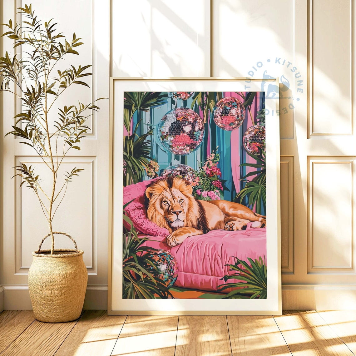 Lion Disco Nap Funky Jungle Animal Poster, Unframed Paper Print Size ...