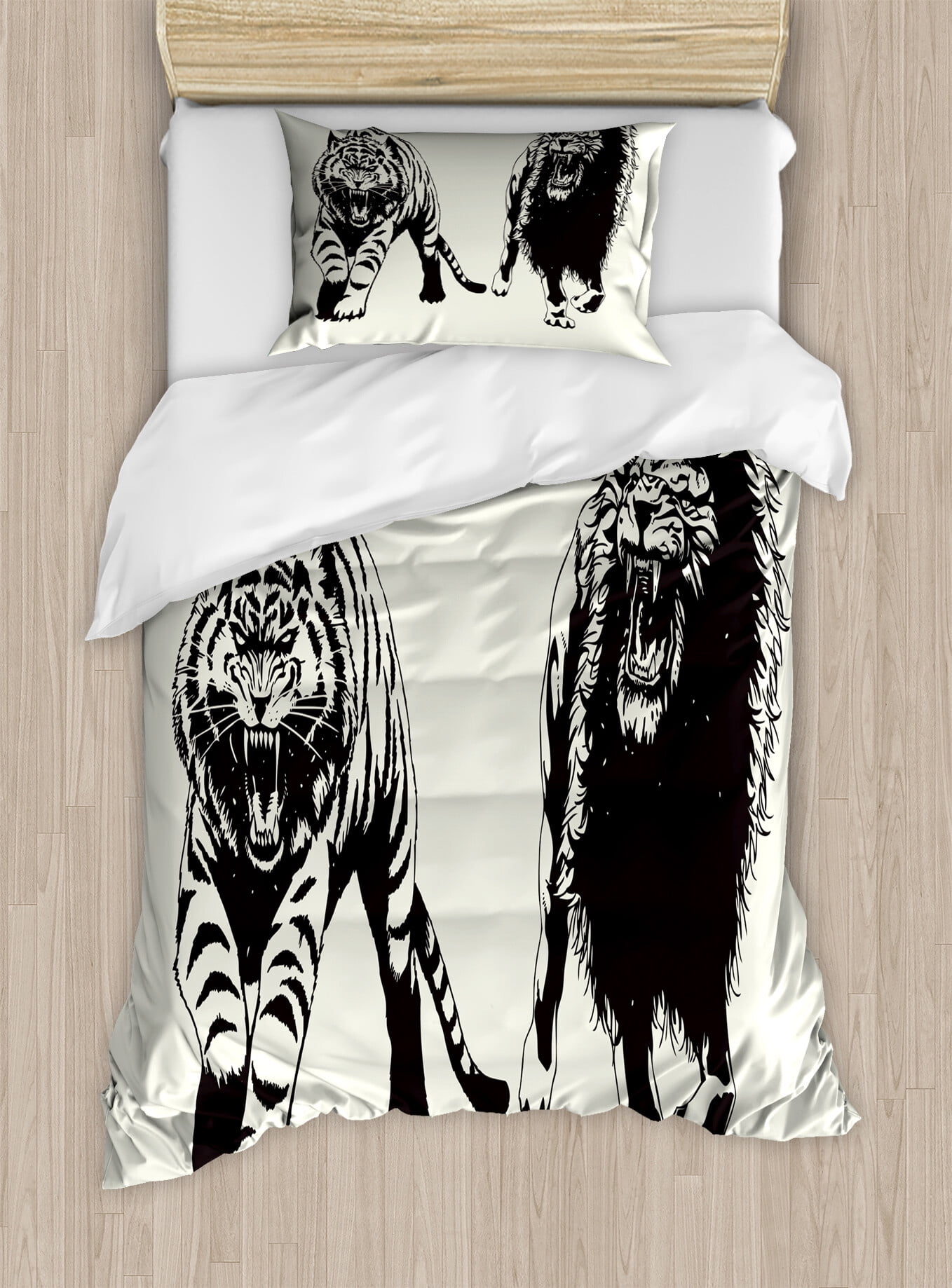 Lion Duvet Cover Set, Angry Animal Tiger Maned Hunting Sketch Drawing ...