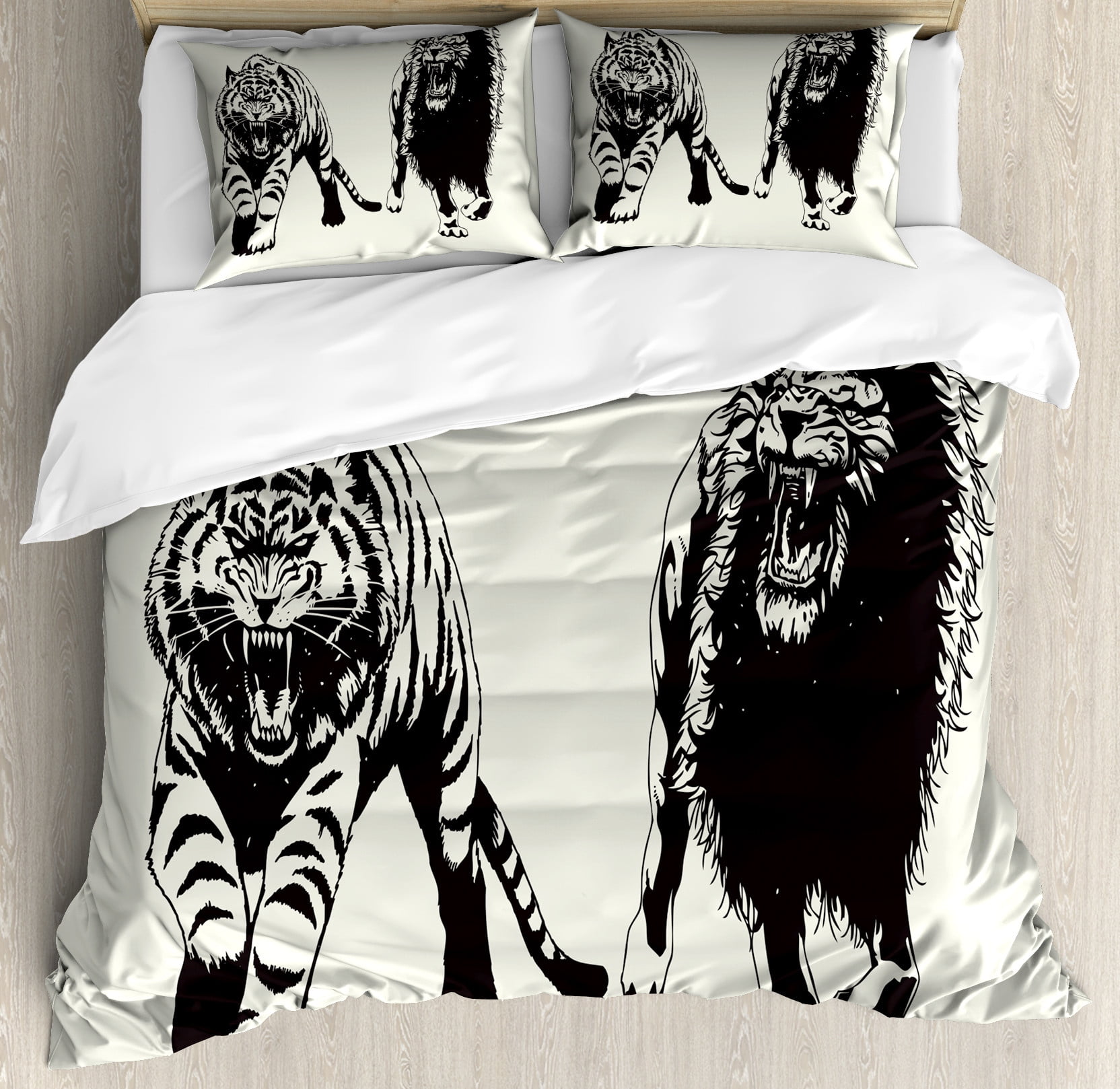 Lion Duvet Cover Set, Angry Animal Tiger Maned Hunting Sketch Drawing ...