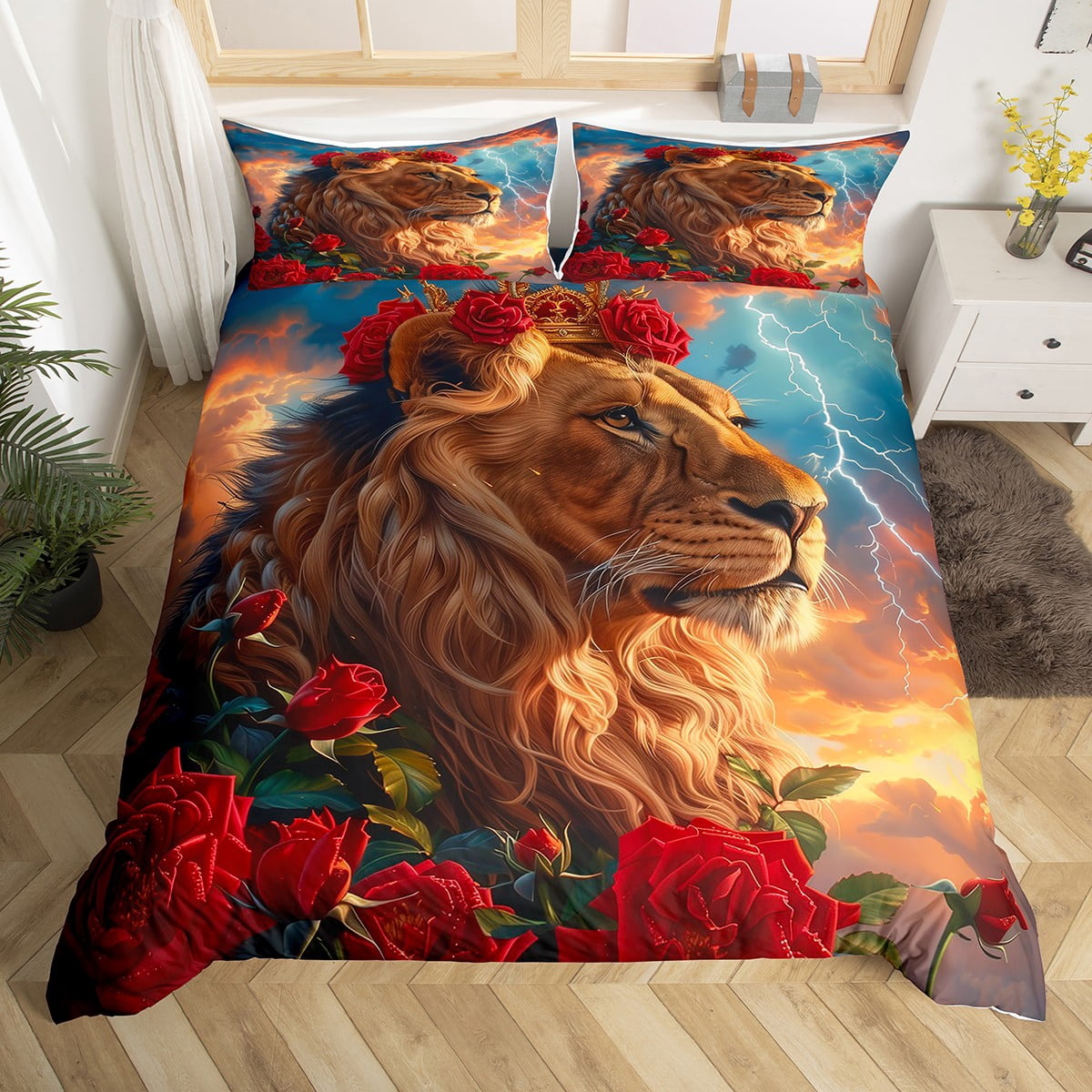 Lion Duvet Cover Set Red Rose Comforter Cover,Bohemian Flowers Toddler ...