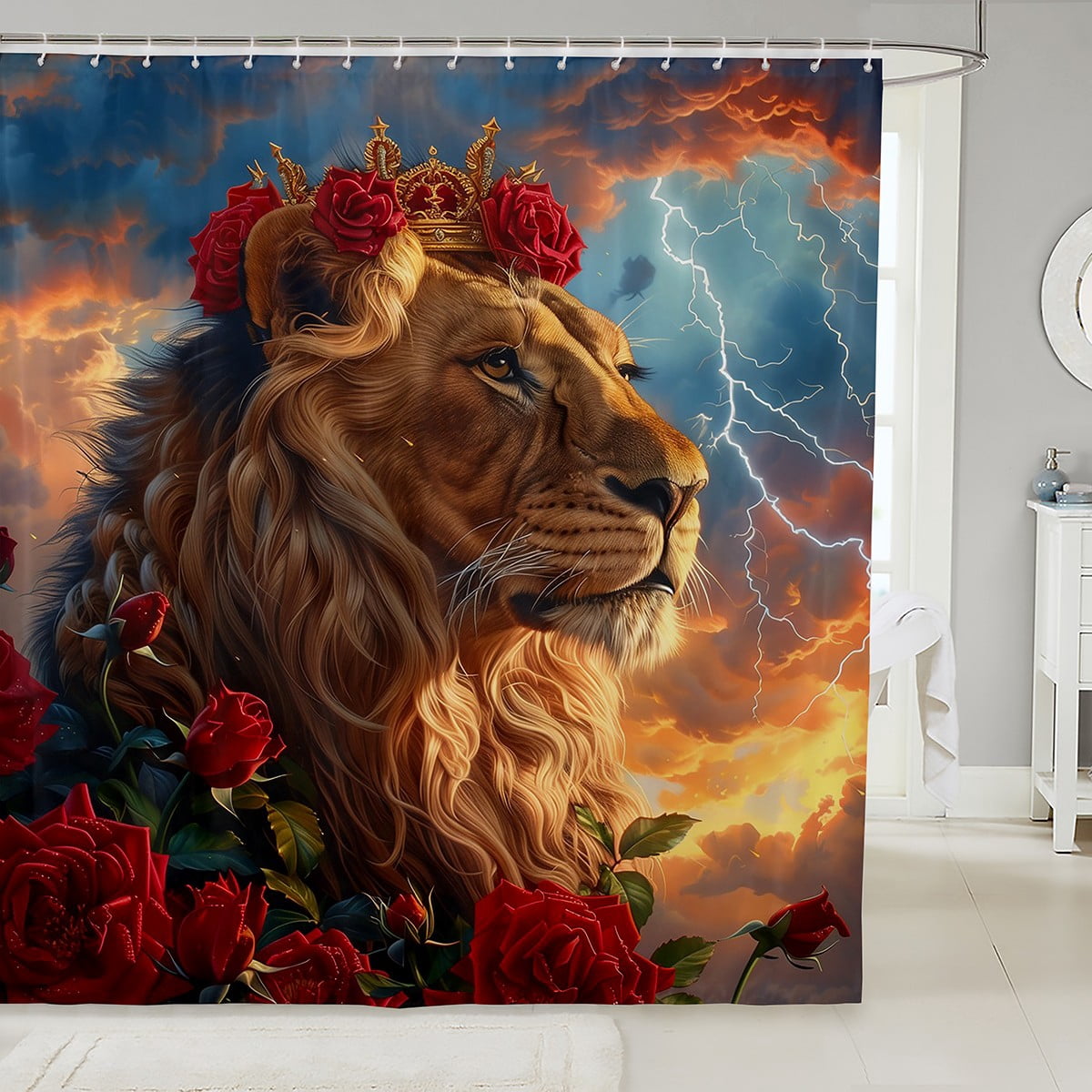 Lion Fabric Shower Curtain Red Rose Bohemian Flowers Bath Curtain 72 ...