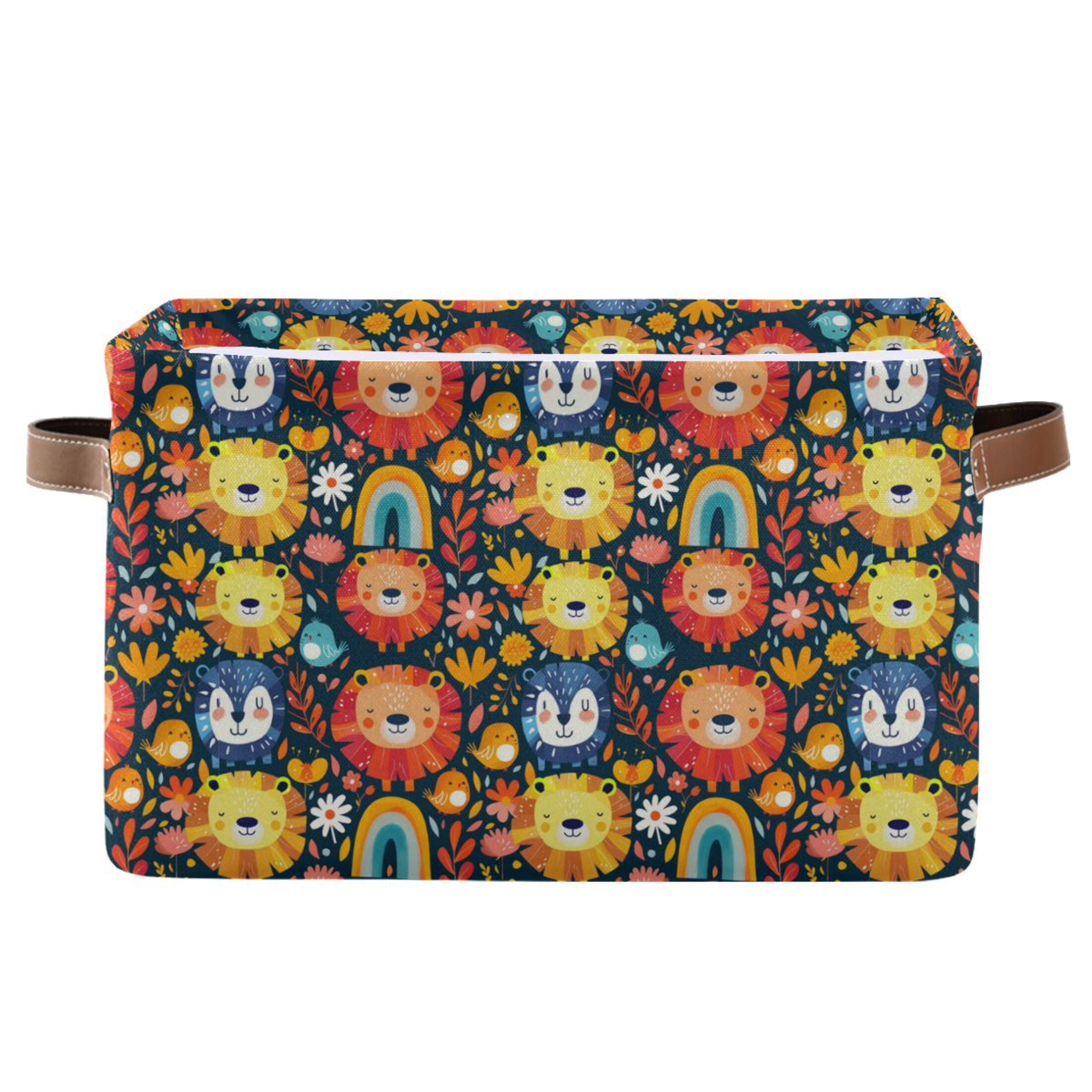 Lion Face Bird Rainbow Storage Bins with Handle Fabric Organizer Basket ...