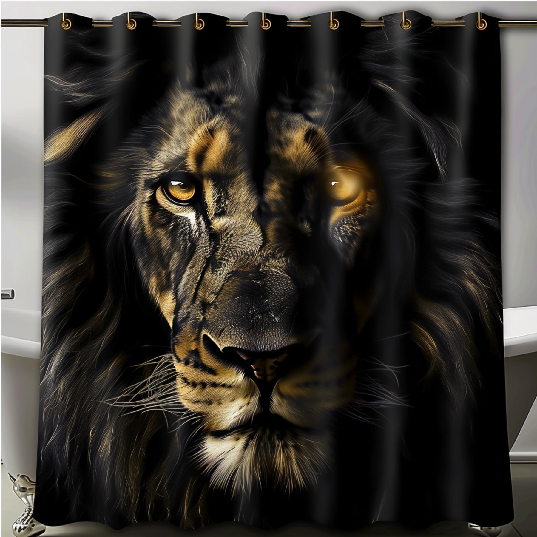 Lion Face Shower Curtain with Golden Eyes and Black Mane Bathroom ...