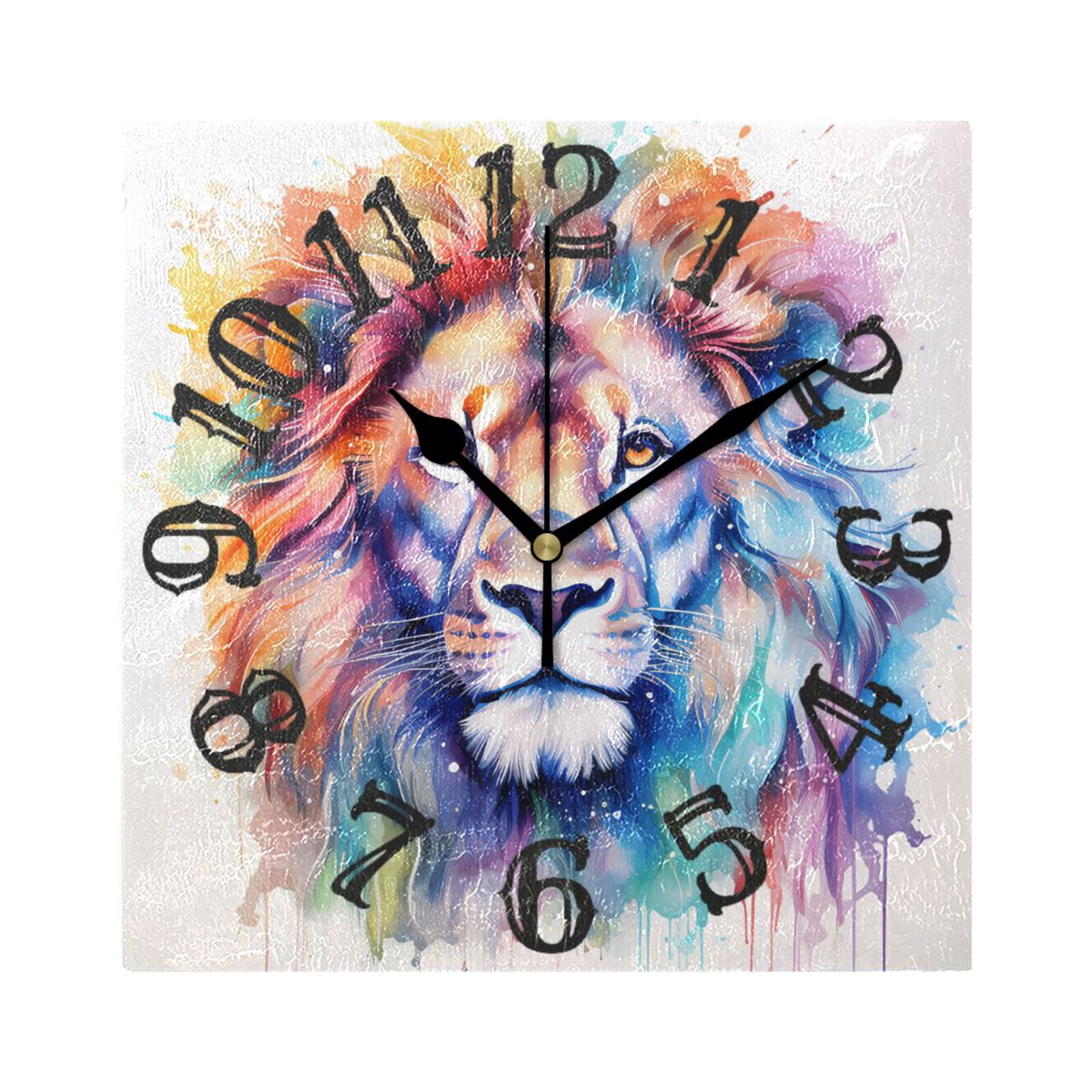 Lion Face by Painting Wall Clock Square Silent Non Ticking Battery ...